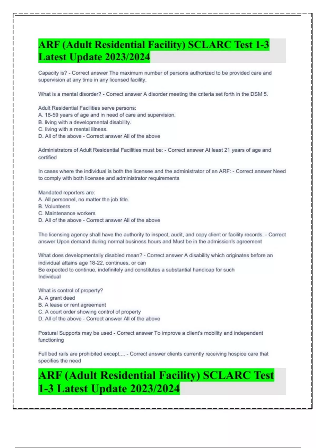 ARF (Adult Residential Facility) SCLARC Test 1-3 Latest Update 2023/ ...