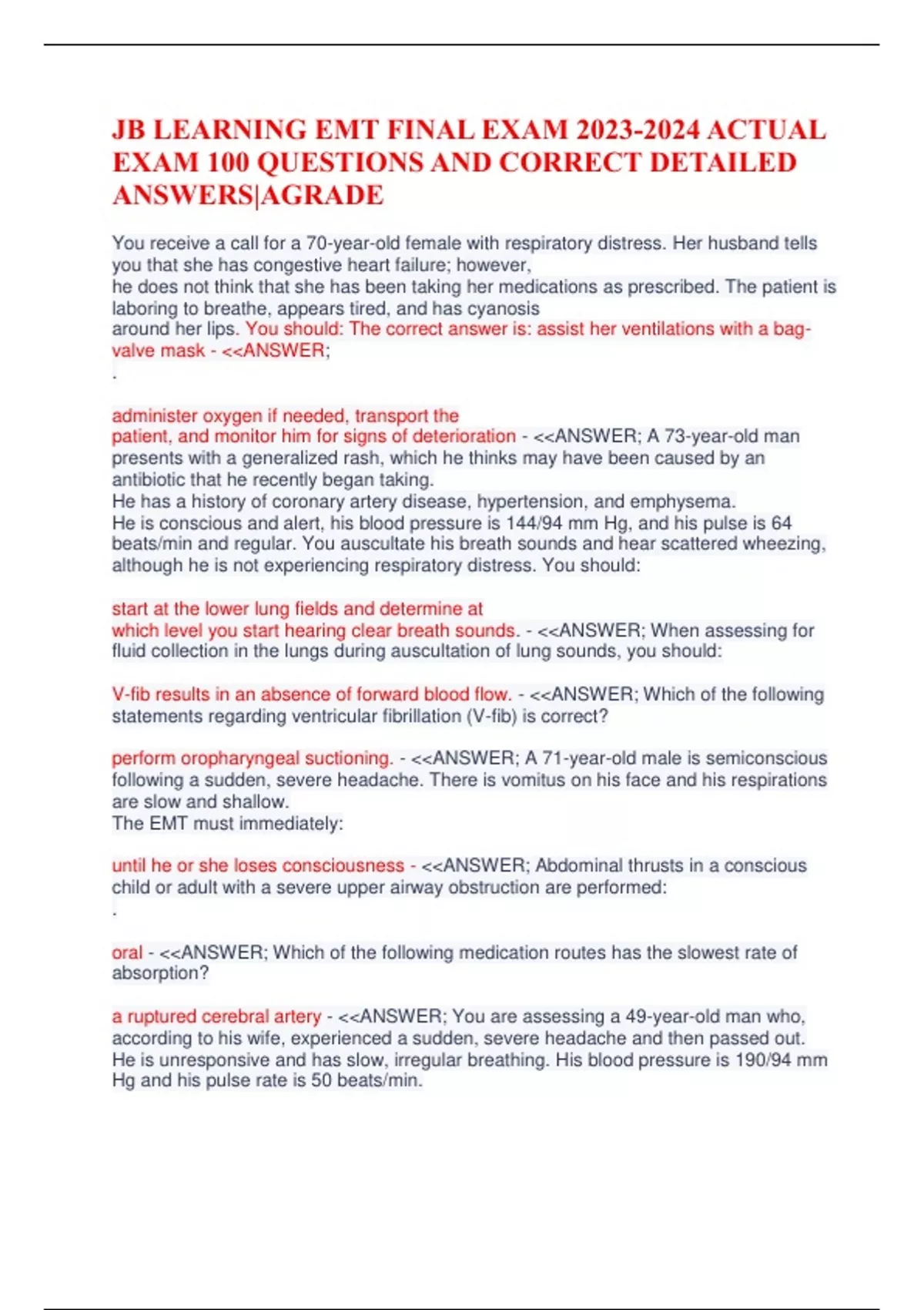 JB LEARNING EMT FINAL EXAM ACTUAL EXAM 100 QUESTIONS AND CORRECT ...