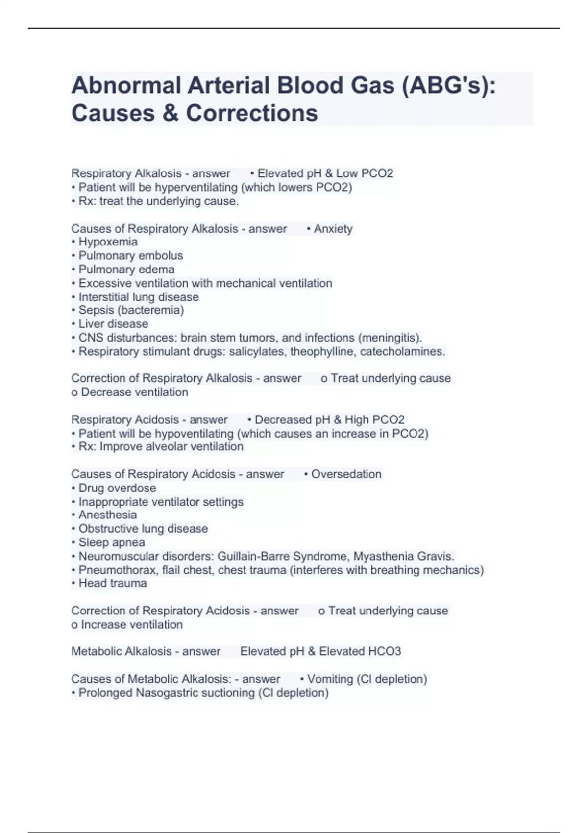Abnormal Arterial Blood Gas Questions and Answers 2023 - ABG - Stuvia US