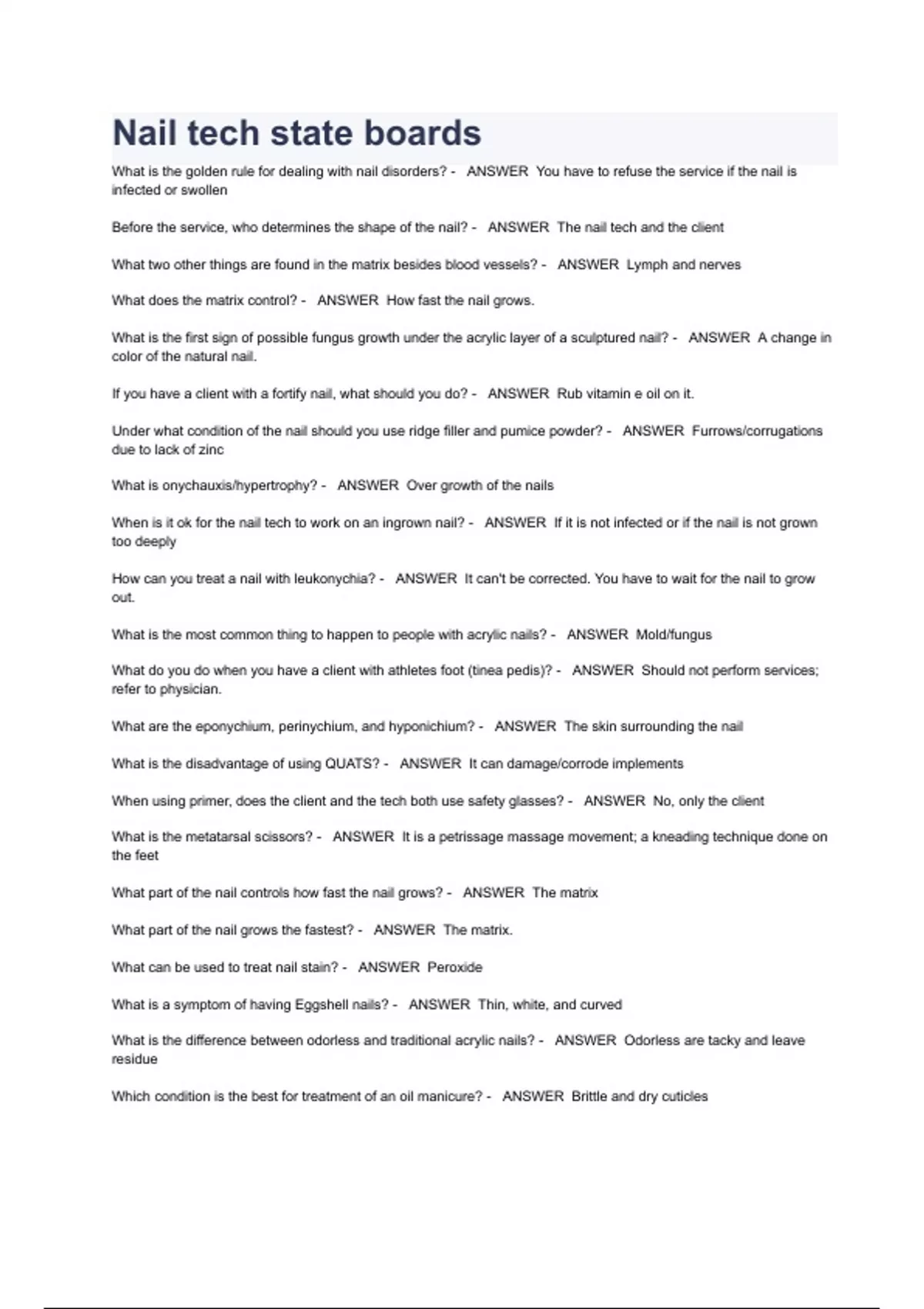 Nail tech state boards Exam 2023/2024 with 100 % correct answers - Nail ...