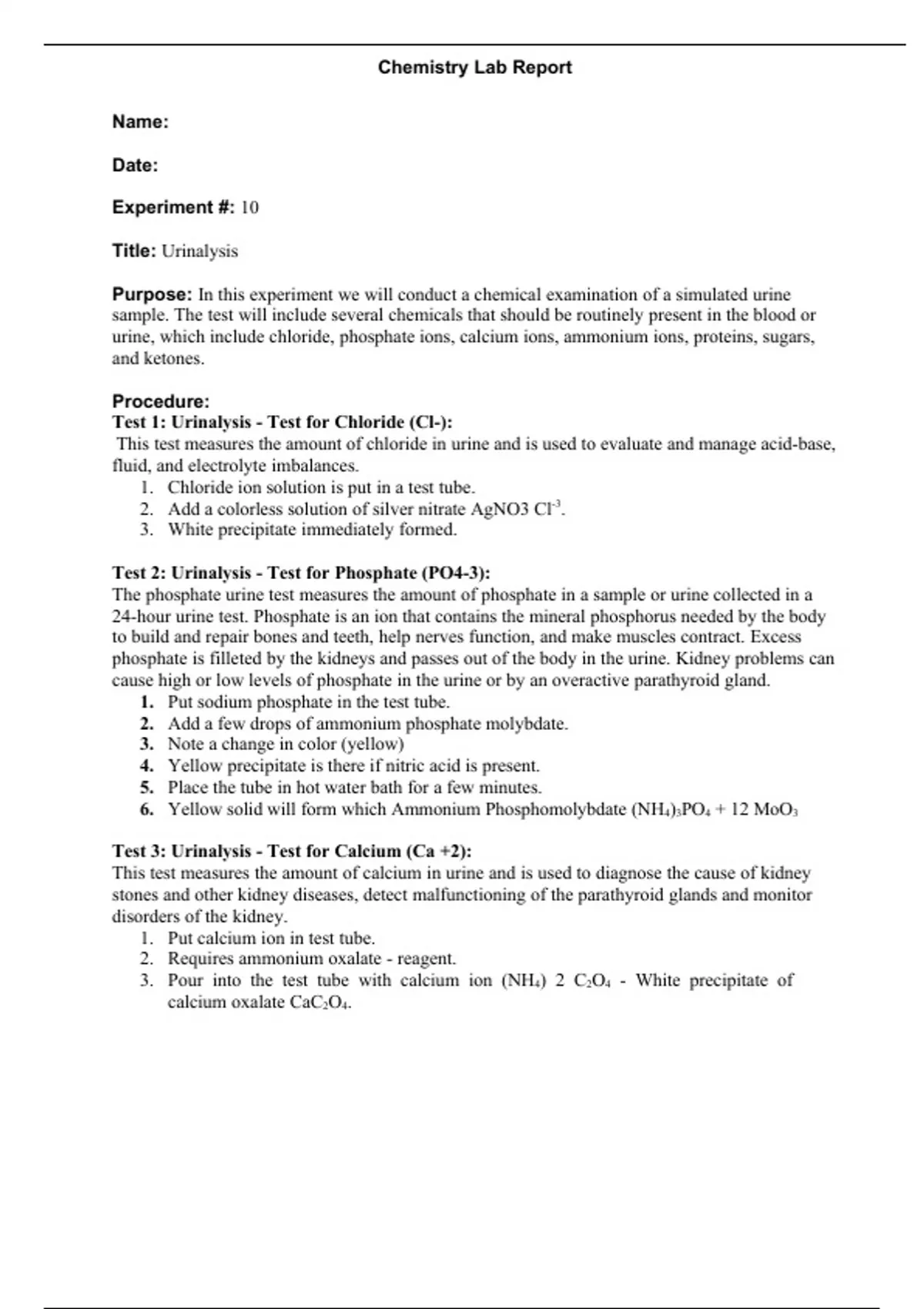 CHEM 121 Lab Report 10: Urinalysis FALL 2023 Portage learning - CHEM ...