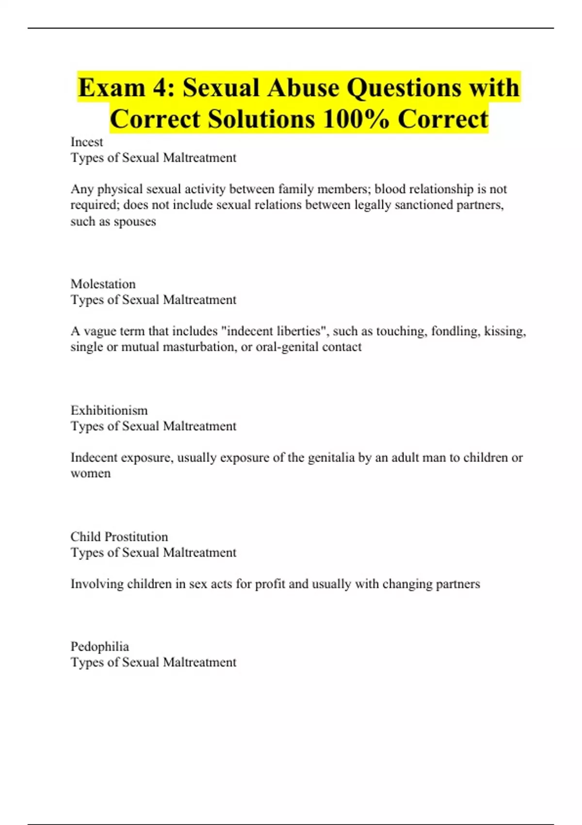 Exam 4: Sexual Abuse Questions with Correct Solutions 100% Correct ...