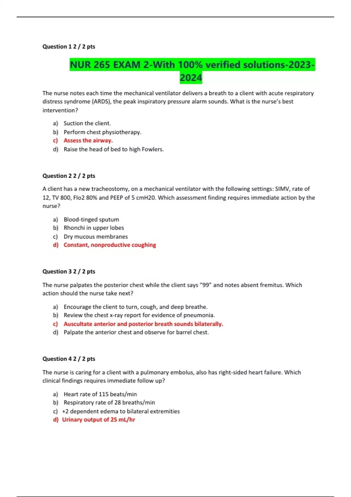 NUR 265 EXAM 2-With 100% verified solutions- - NUR 265 (NUR265) - Stuvia US