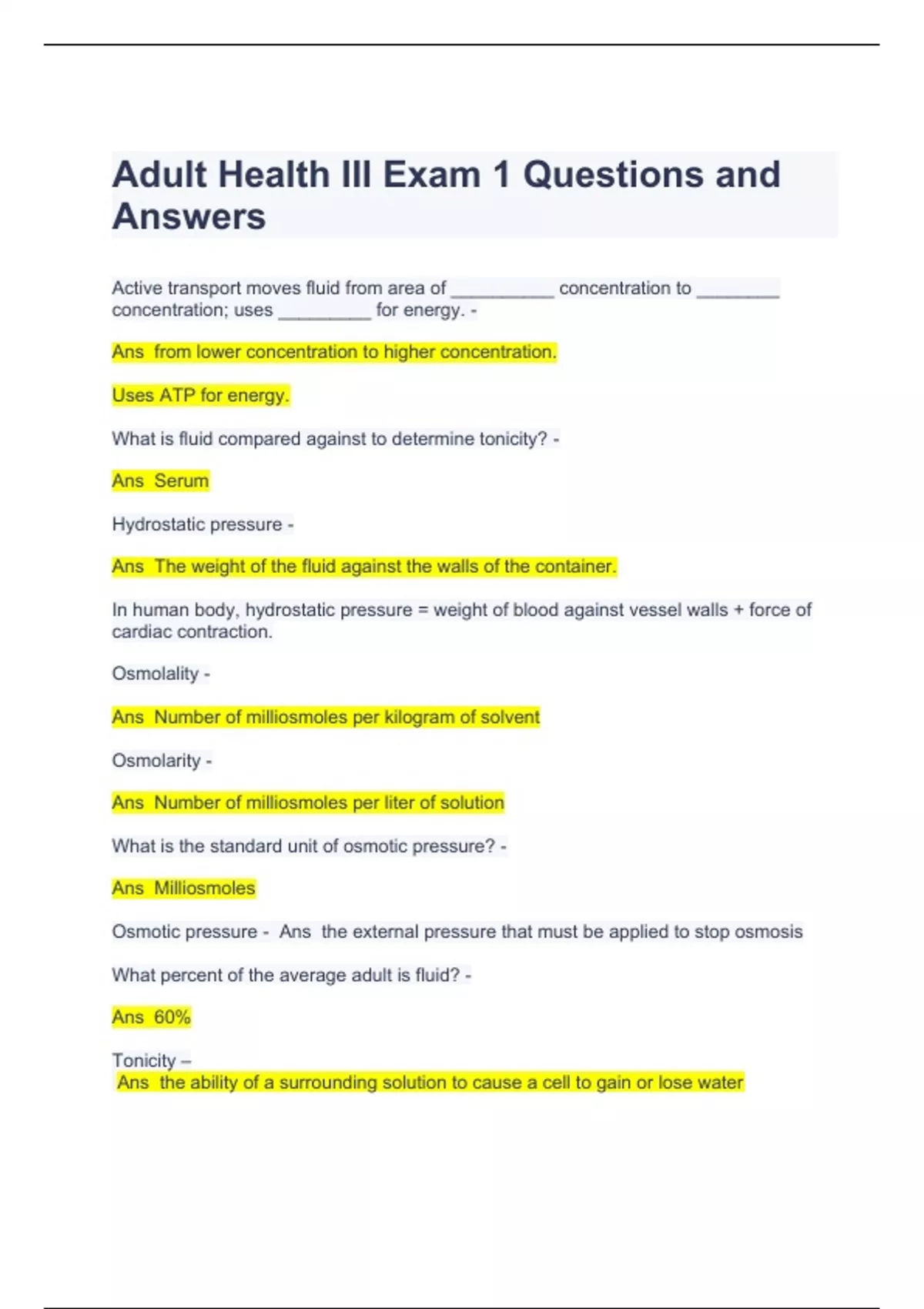 Adult Health III Exam 1 Questions and Answers - CNA - Certified Nursing ...