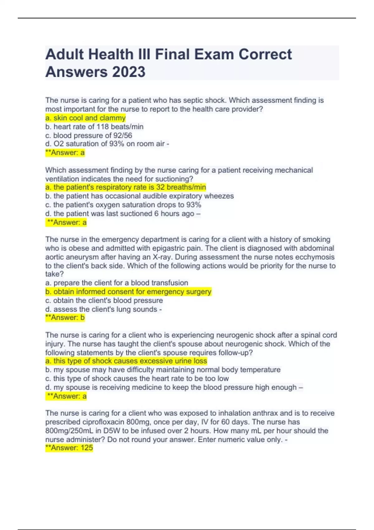 Adult Health III Final Exam correct Answers 2023 - CNA - Certified Nursing Assistant - Stuvia US