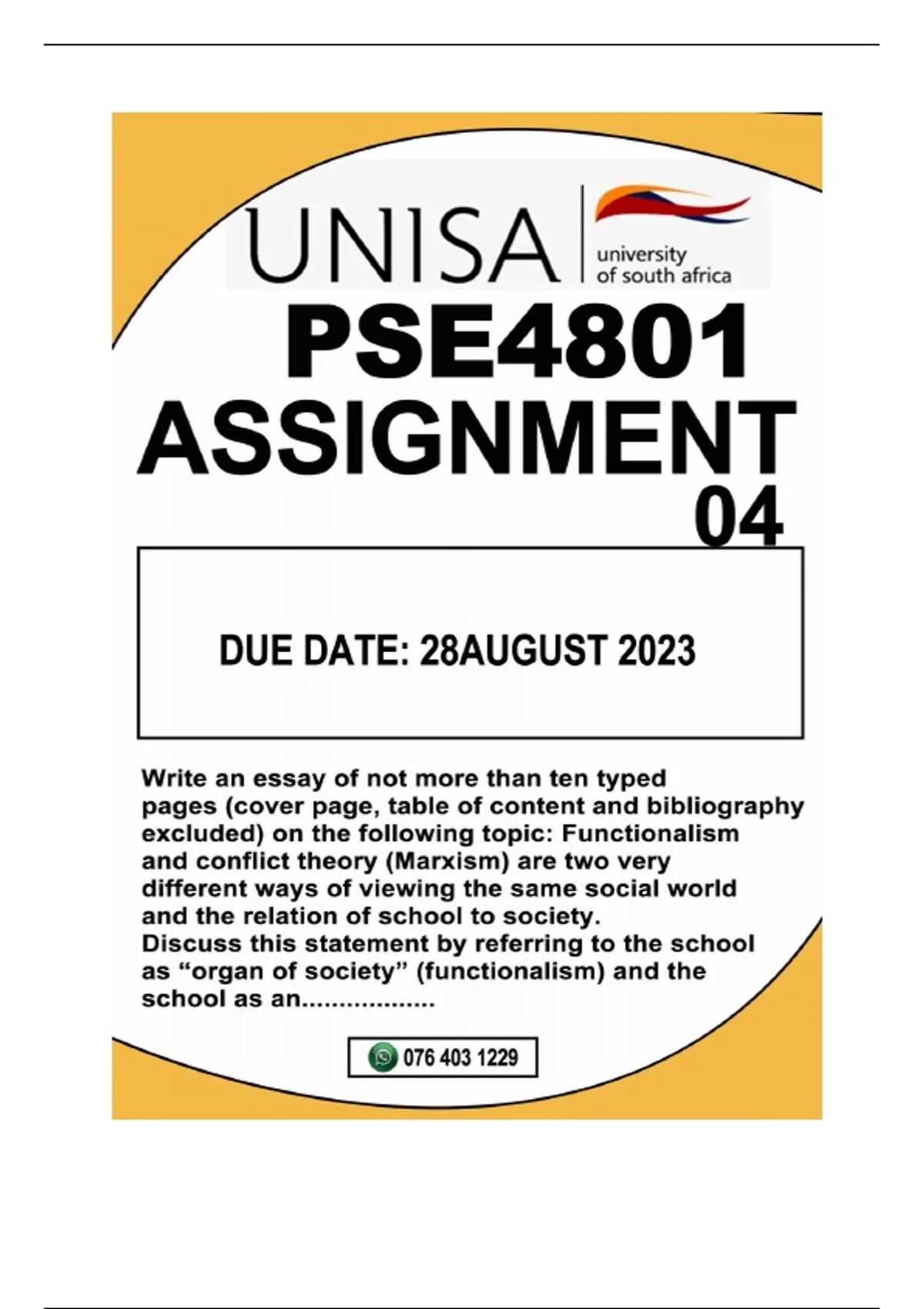 PSE4801 ASSIGNMENT 04 DUE 28 AUGUST2023 - PSE4801 (PSE4801) - Stuvia SA
