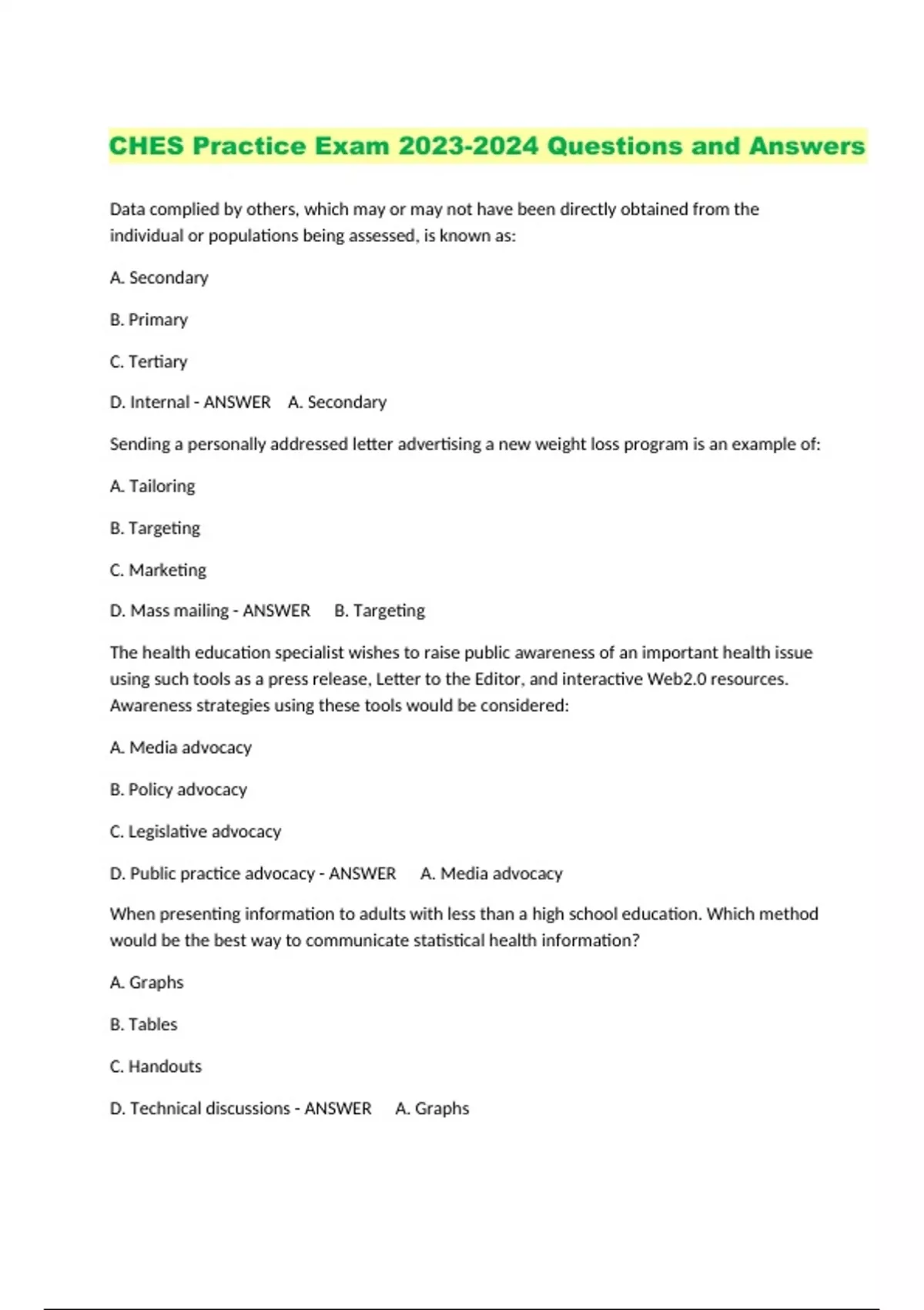 CHES Practice Exam Questions (From 7th edition) All Solutions Latest ...