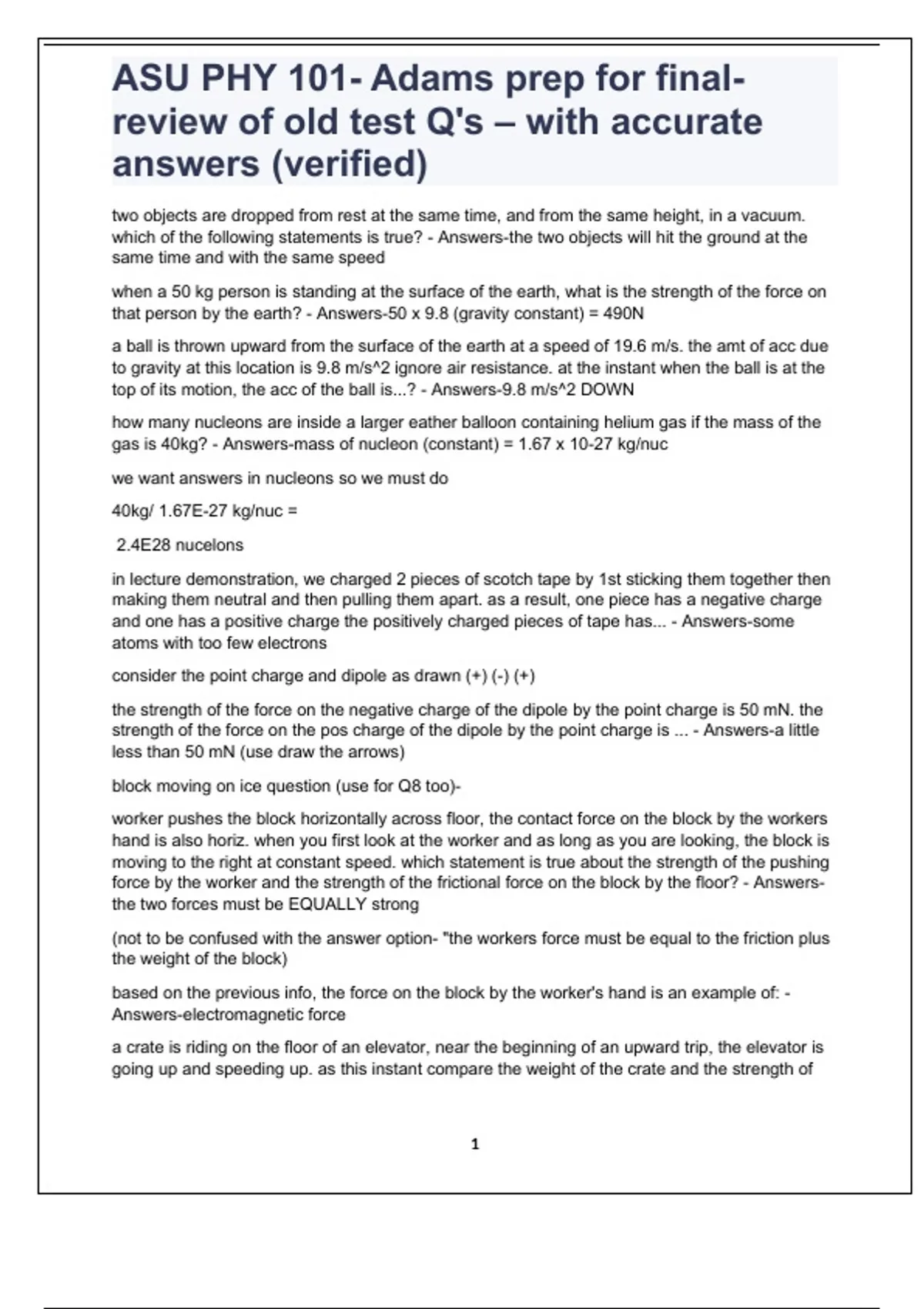 ASU PHY 101- Adams prep for final- review of old test Q's – with ...