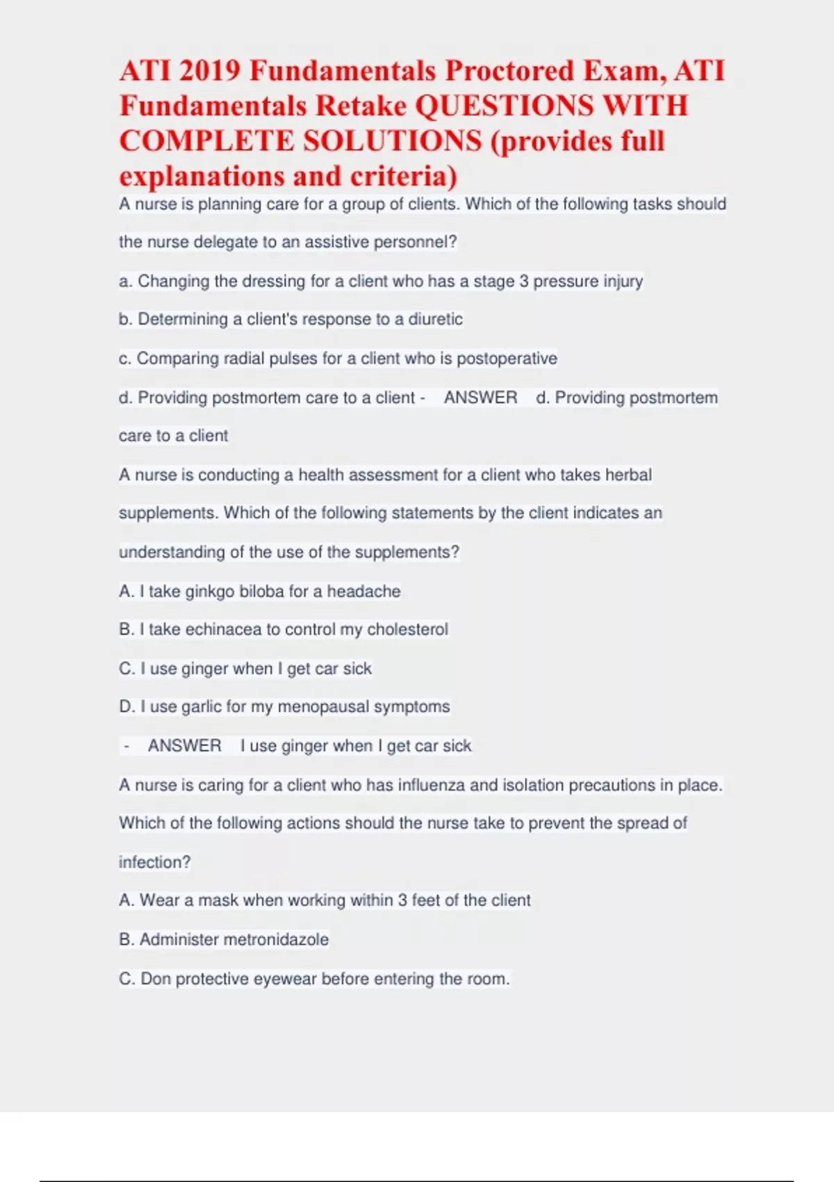 ATI 2019 Fundamentals Proctored Exam, ATI Fundamentals Retake QUESTIONS ...