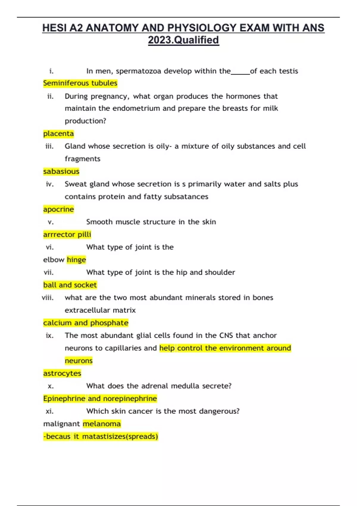 HESI A2 ANATOMY AND PHYSIOLOGY EXAM QUESTIONS AND ANSWERS A+ GRADE ...