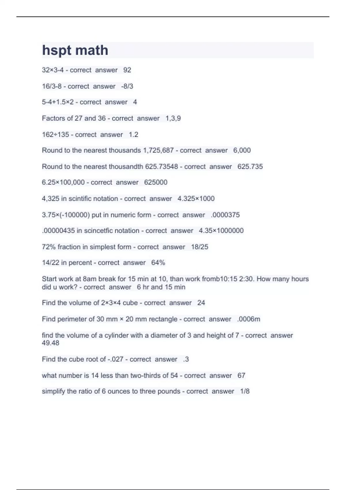 hspt math Question and answers 100% correct 2023 - Hspt - Stuvia US