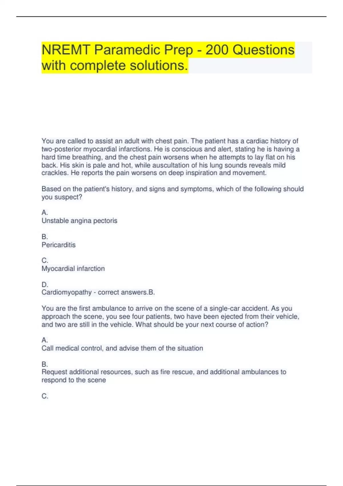 NREMT Paramedic Prep - 200 Questions with complete solutions. - NREMT ...