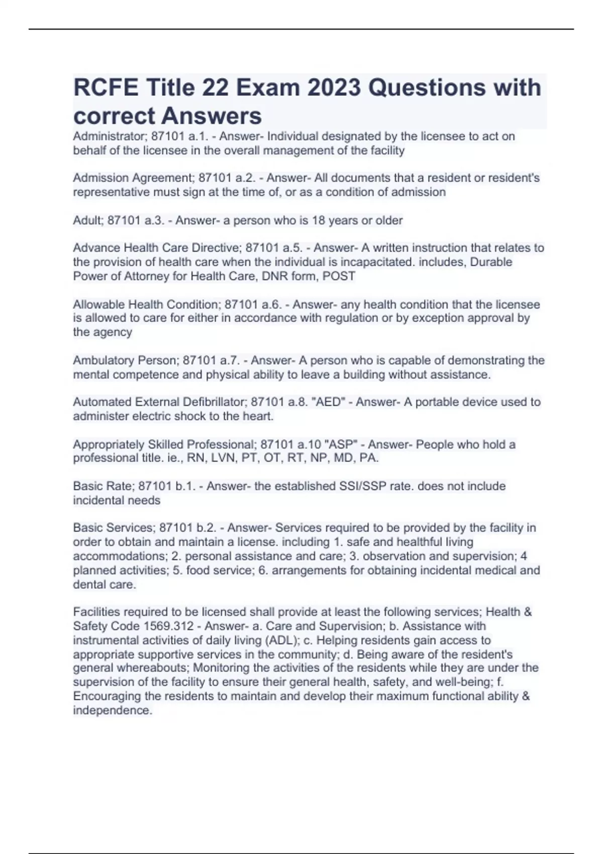 RCFE Title 22 Exam 2023 Questions with correct Answers - RCFE - Stuvia US