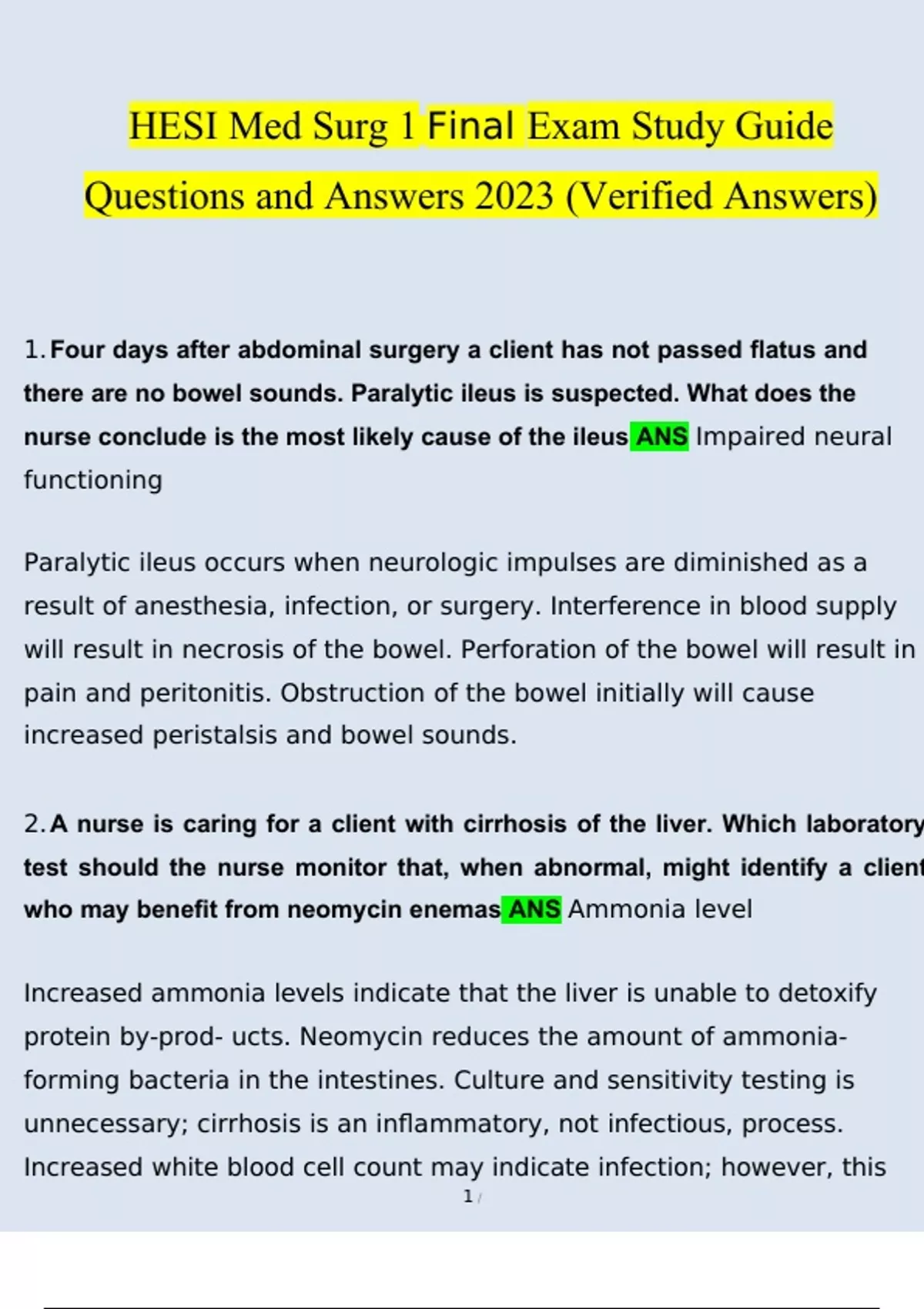 HESI Med Surg 1 Final Exam Study Guide Questions and Answers 2023 (Verified Answers) - Med-Surg ...