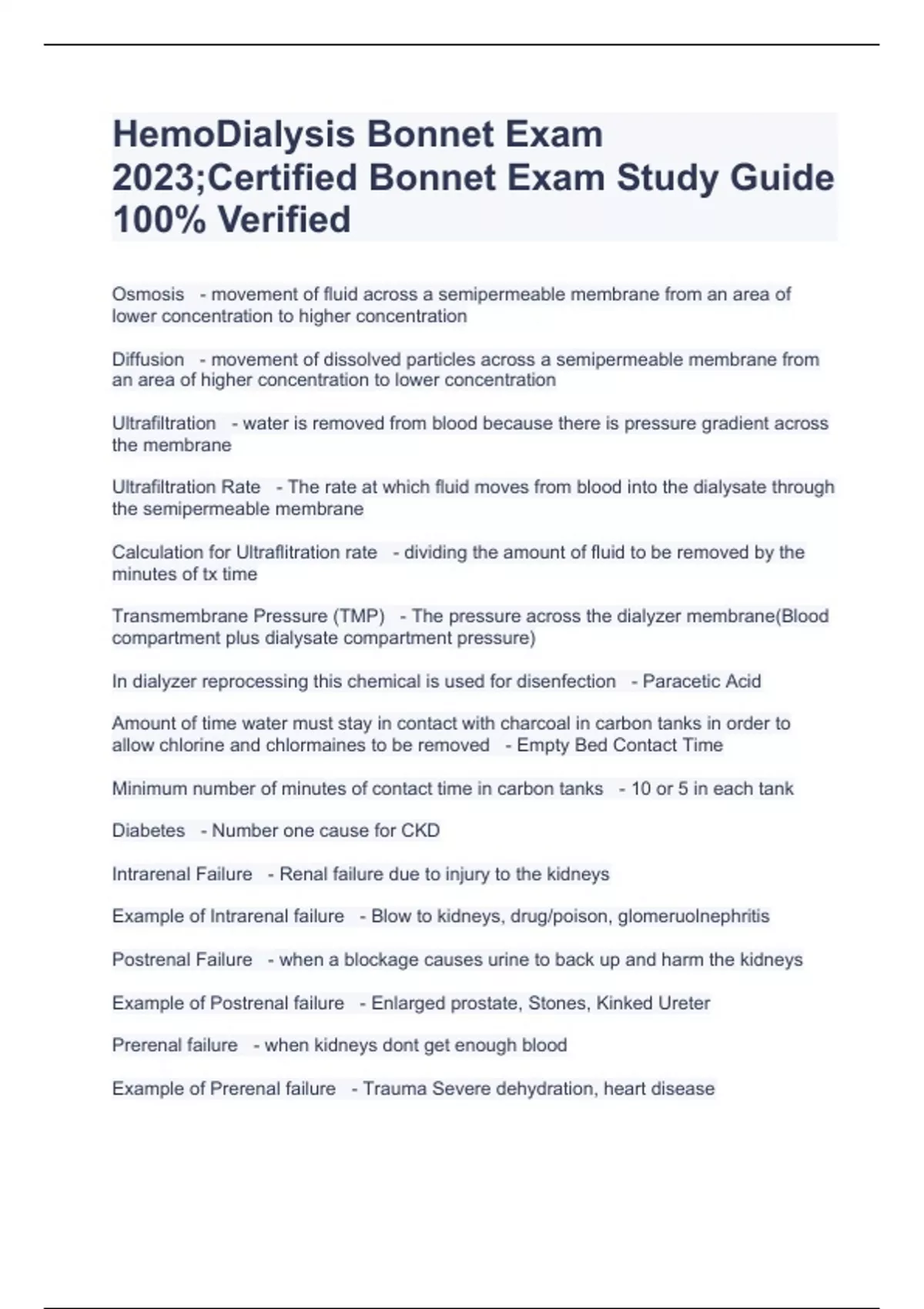 HemoDialysis Bonnet Exam 2023;Certified Bonnet Exam Study Guide 100% Verified - Bonent - Stuvia US
