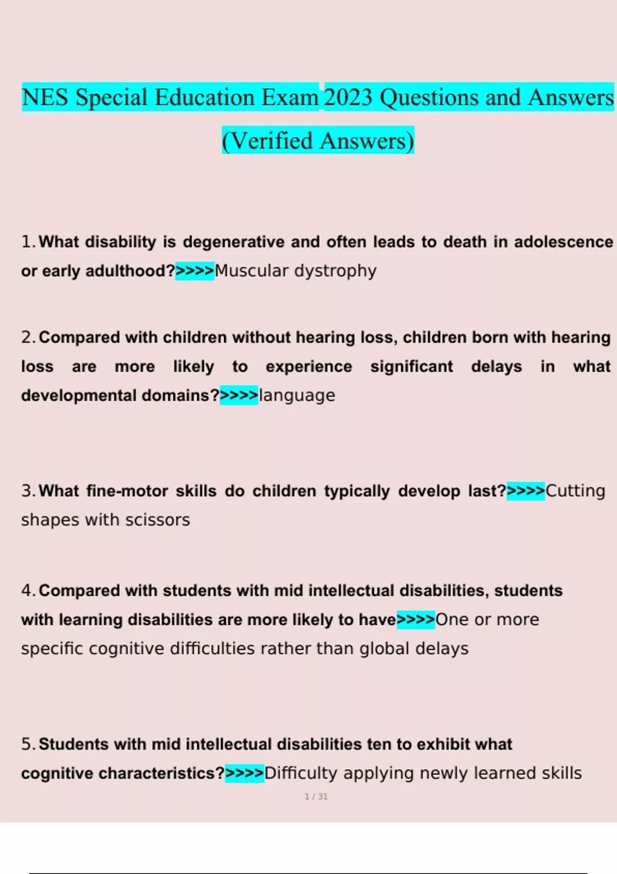 NES Special Education Exam questions and answers} Latest (verified ...