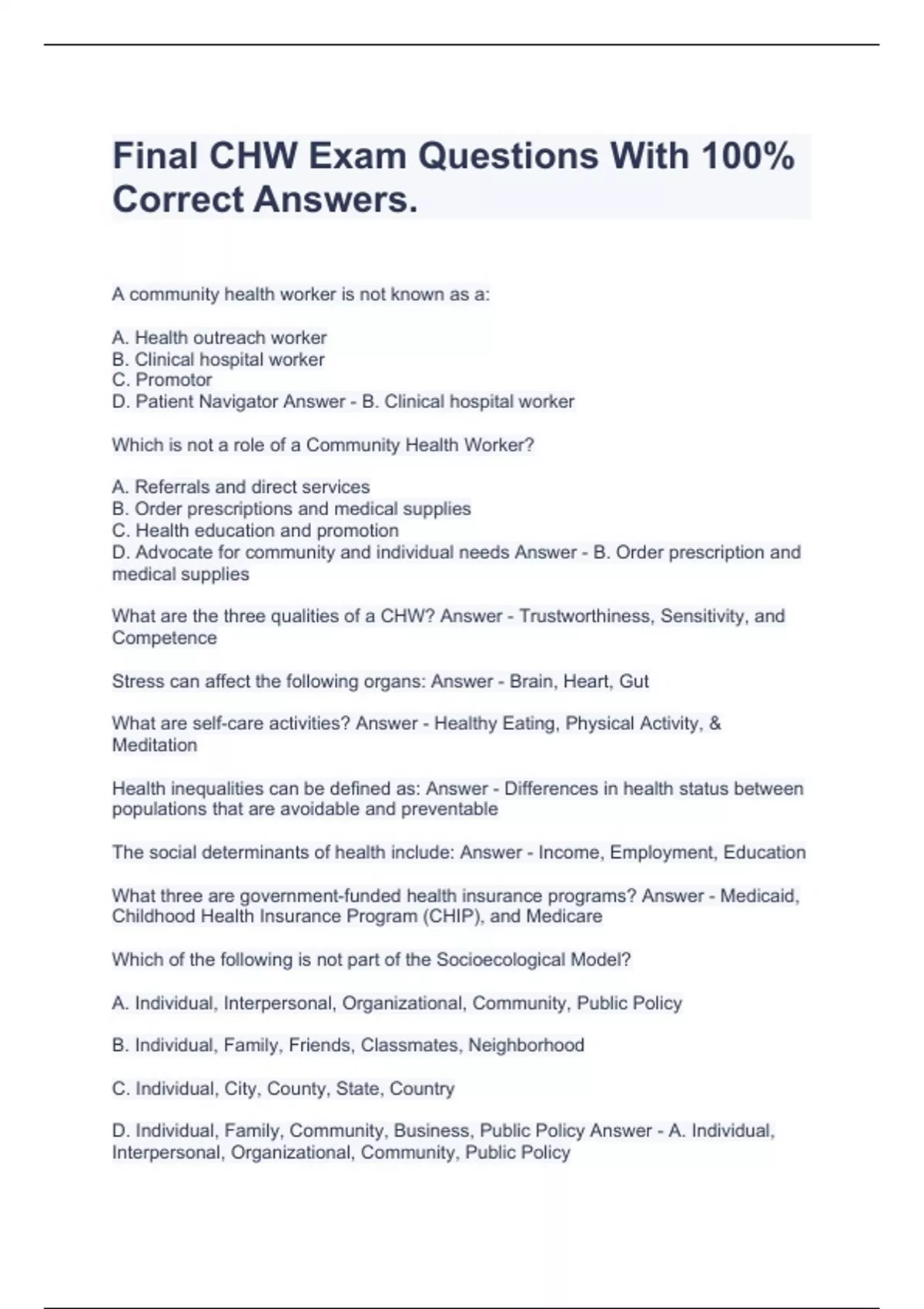 2025 FINAL CHW EXAM QUESTIONS WITH 100% CORRECT ANSWERS. - CHW - Stuvia US