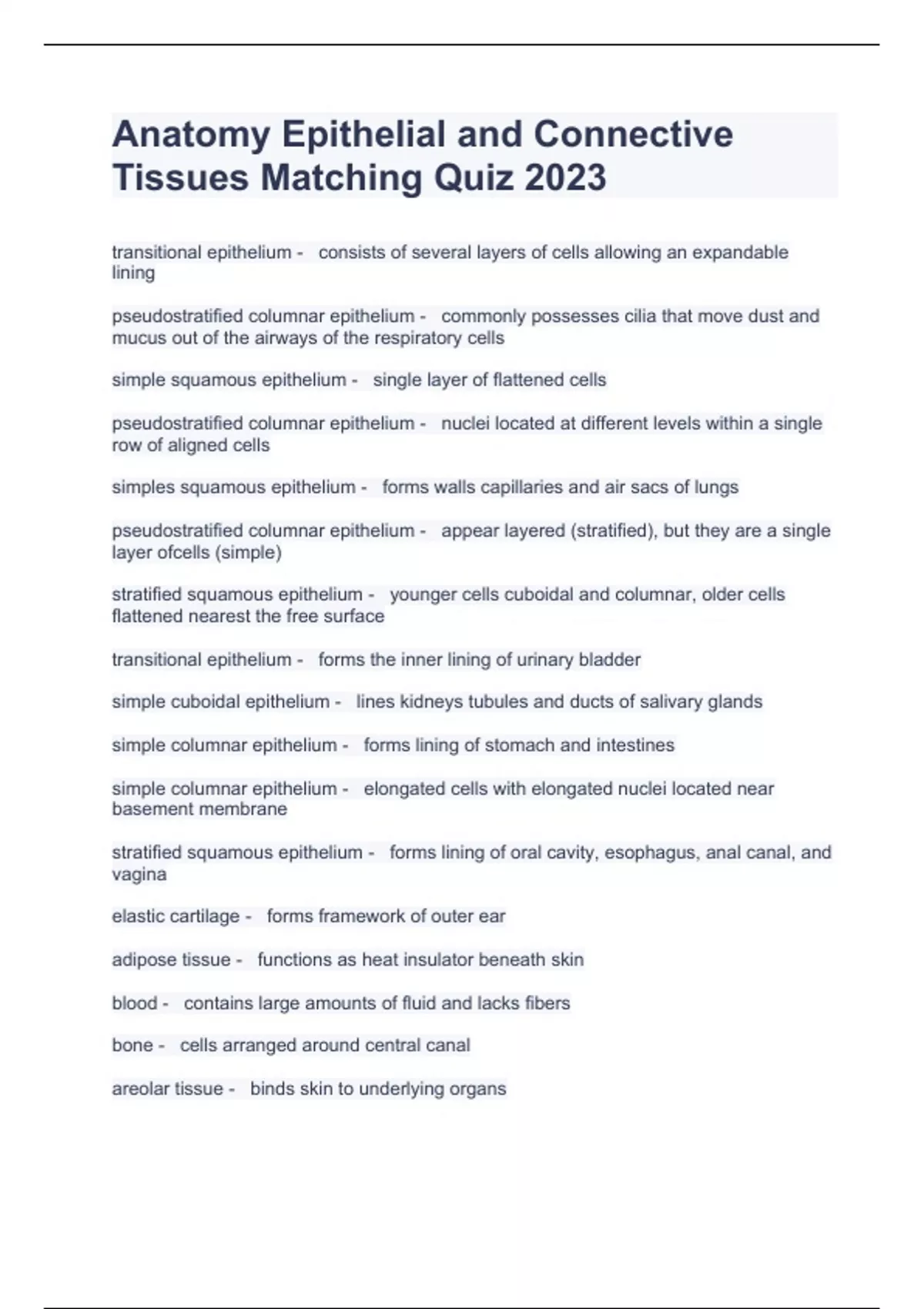 Anatomy Epithelial and Connective Tissues Matching Quiz 2023 - Anatomy ...