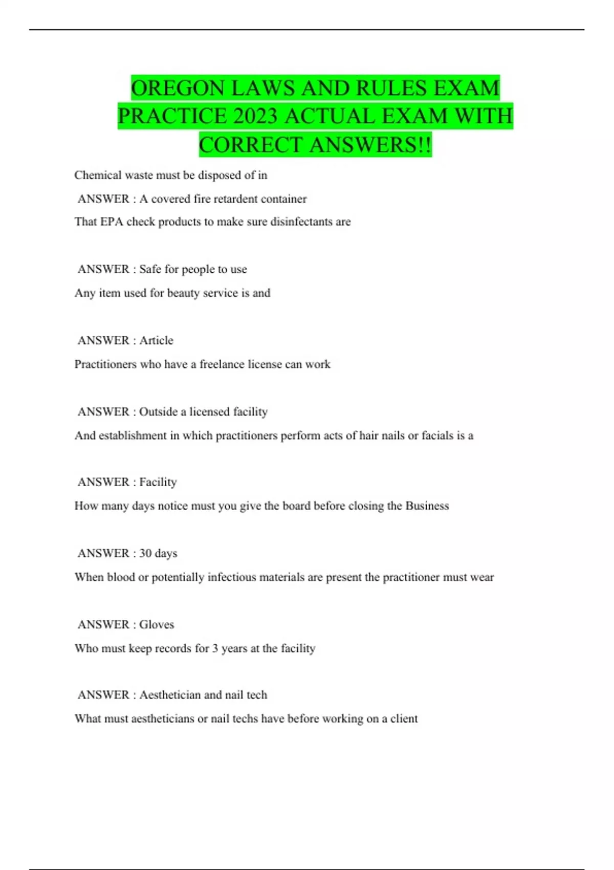 OREGON LAWS AND RULES EXAM PRACTICE 2023 ACTUAL EXAM WITH CORRECT ...