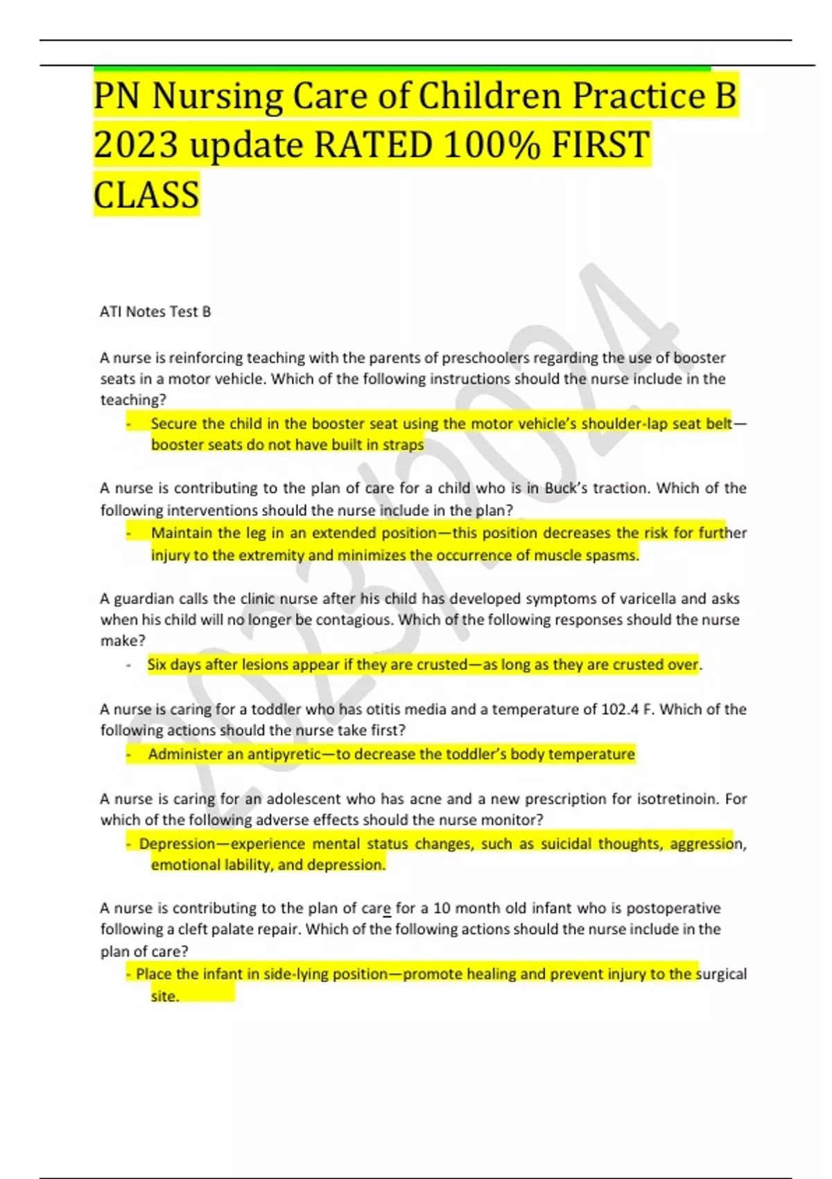 PN Nursing Care of Children Practice B 2023 update RATED 100% FIRST CLASS.pdf - PN Nursing Care ...