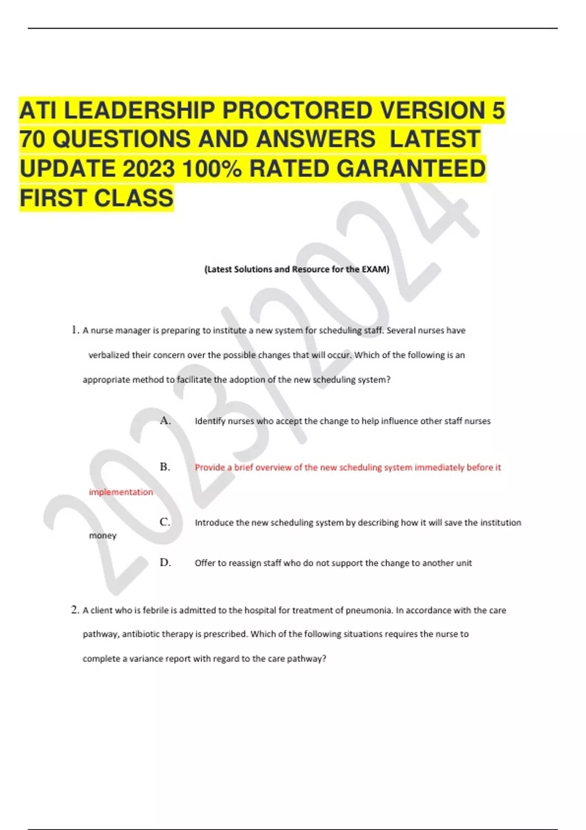 ATI LEADERSHIP PROCTORED VERSION 5 70 QUESTIONS AND ANSWERS LATEST ...