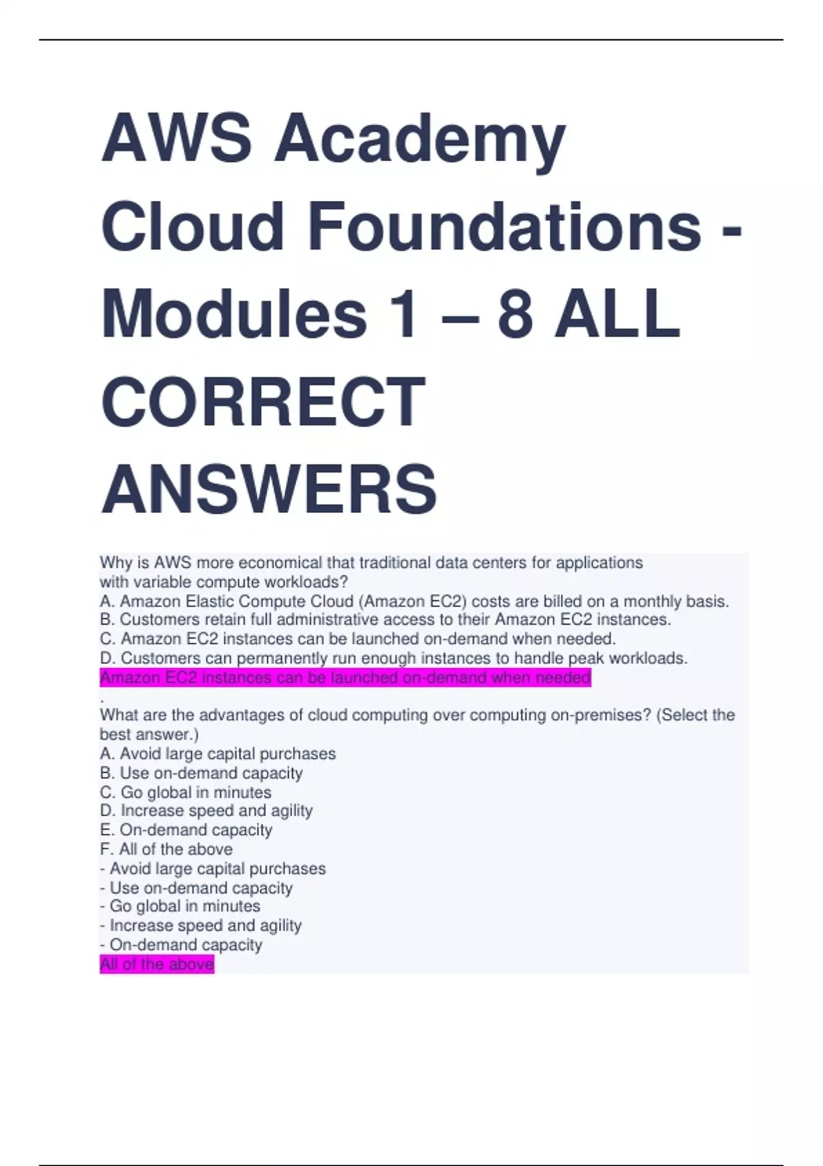 AWS Academy Cloud Foundations - Modules 1 – 8 ALL CORRECT ANSWERS - AWS Academy Cloud ...
