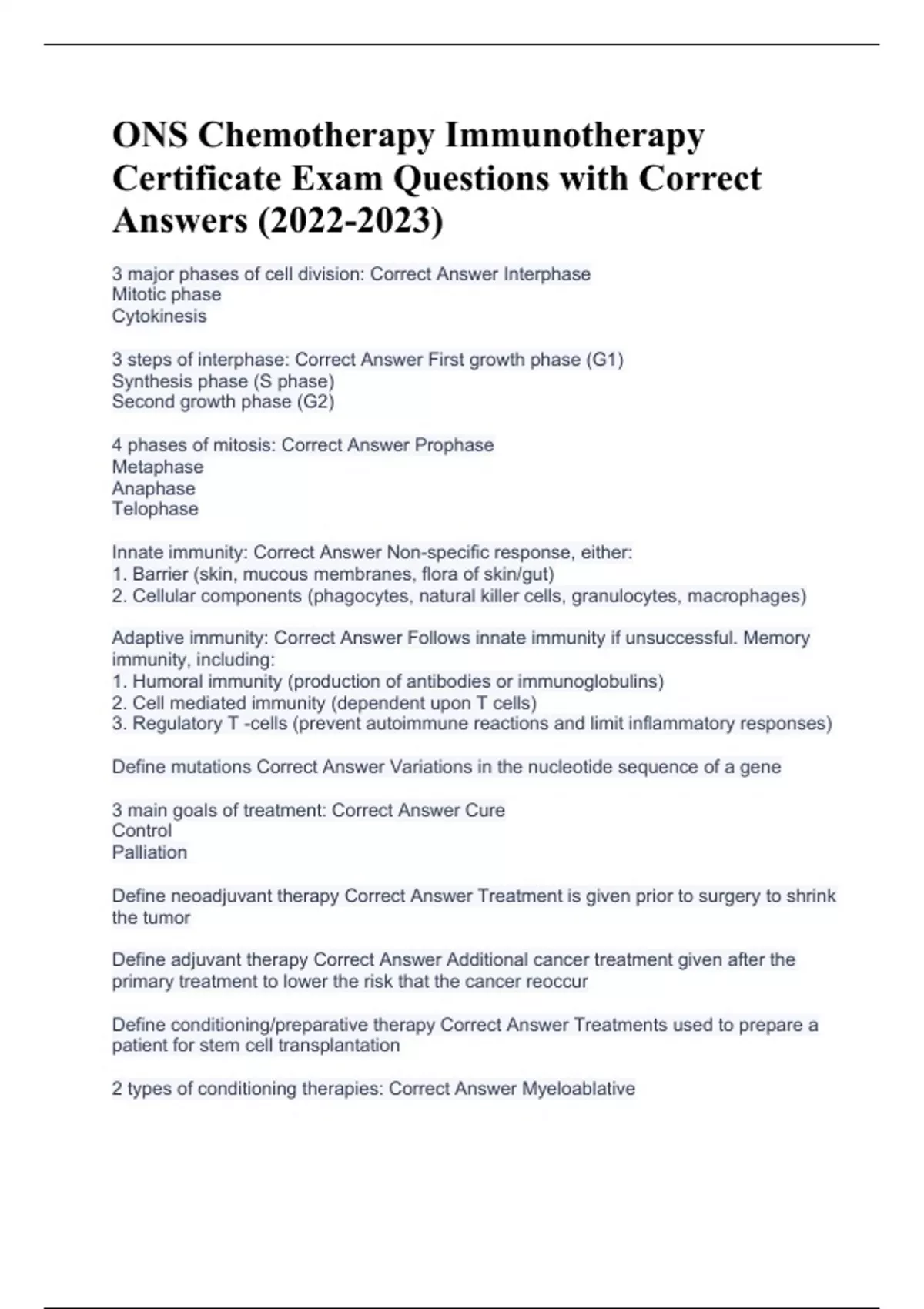 ONS Chemotherapy Immunotherapy Certificate Exam Questions with Correct ...