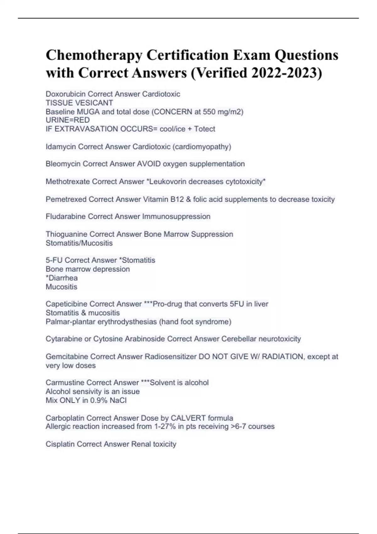 Chemotherapy Certification Exam Questions with Correct Answers ...
