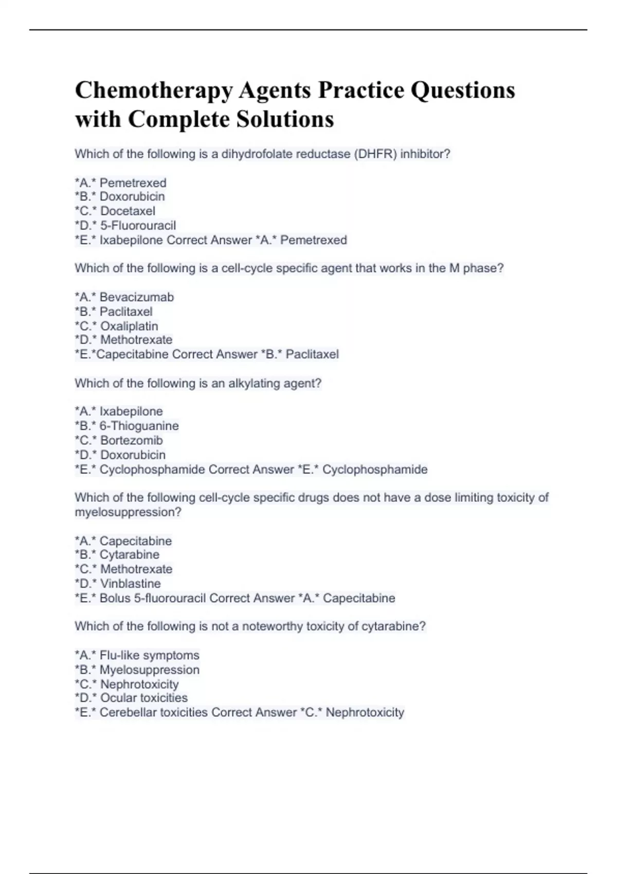 Chemotherapy Agents Practice Questions with Complete Solutions ...