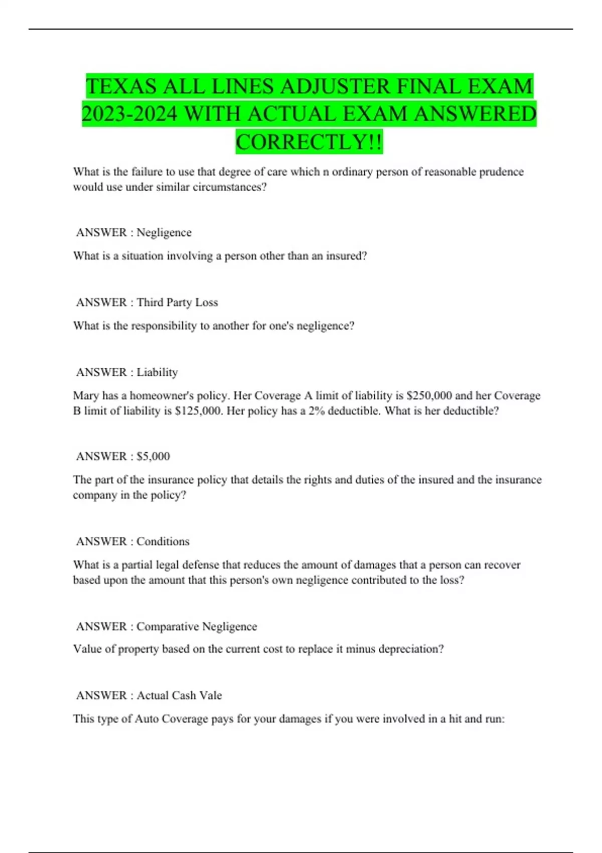 TEXAS ALL LINES ADJUSTER FINAL EXAM WITH ACTUAL EXAM ANSWERED CORRECTLY ...