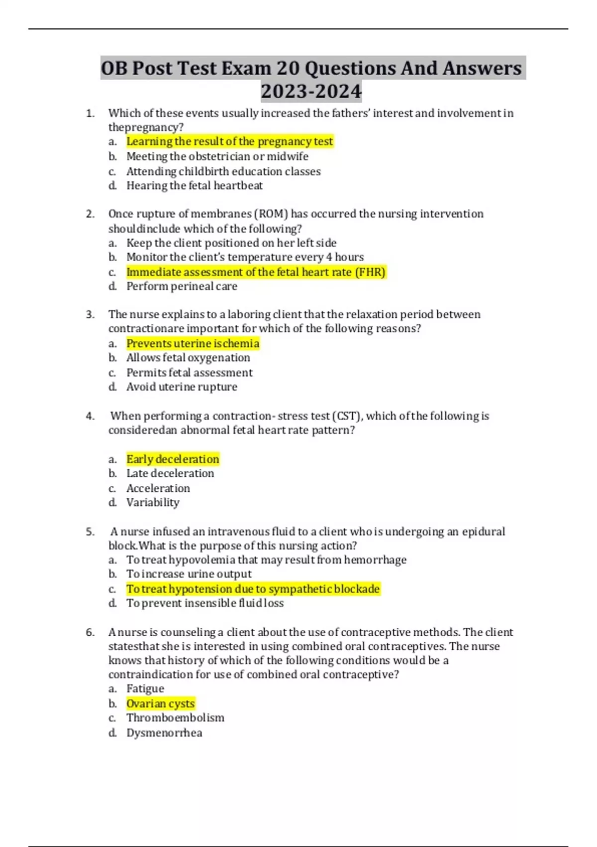 OB Post Test Exam 20 Questions And Answers - OB Post - Stuvia US