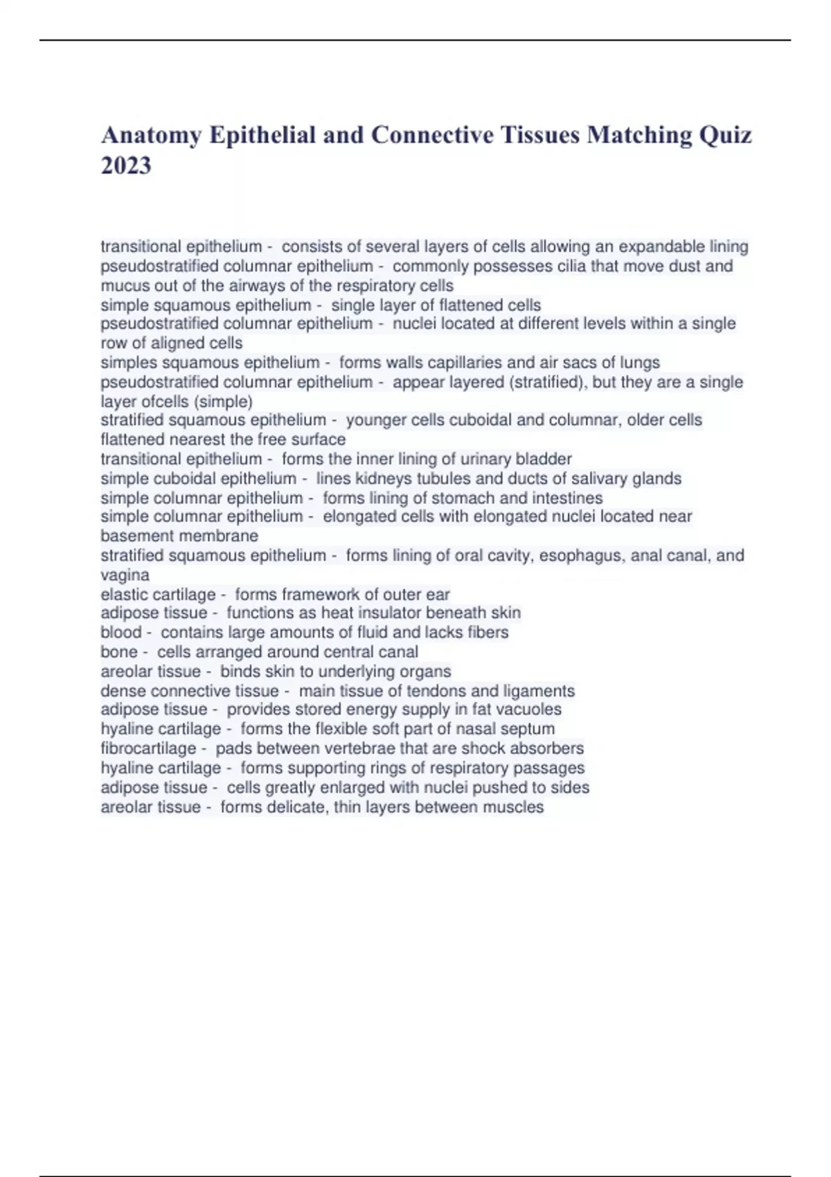 Anatomy Epithelial and Connective Tissues Matching Quiz 2023 - Anatomy ...