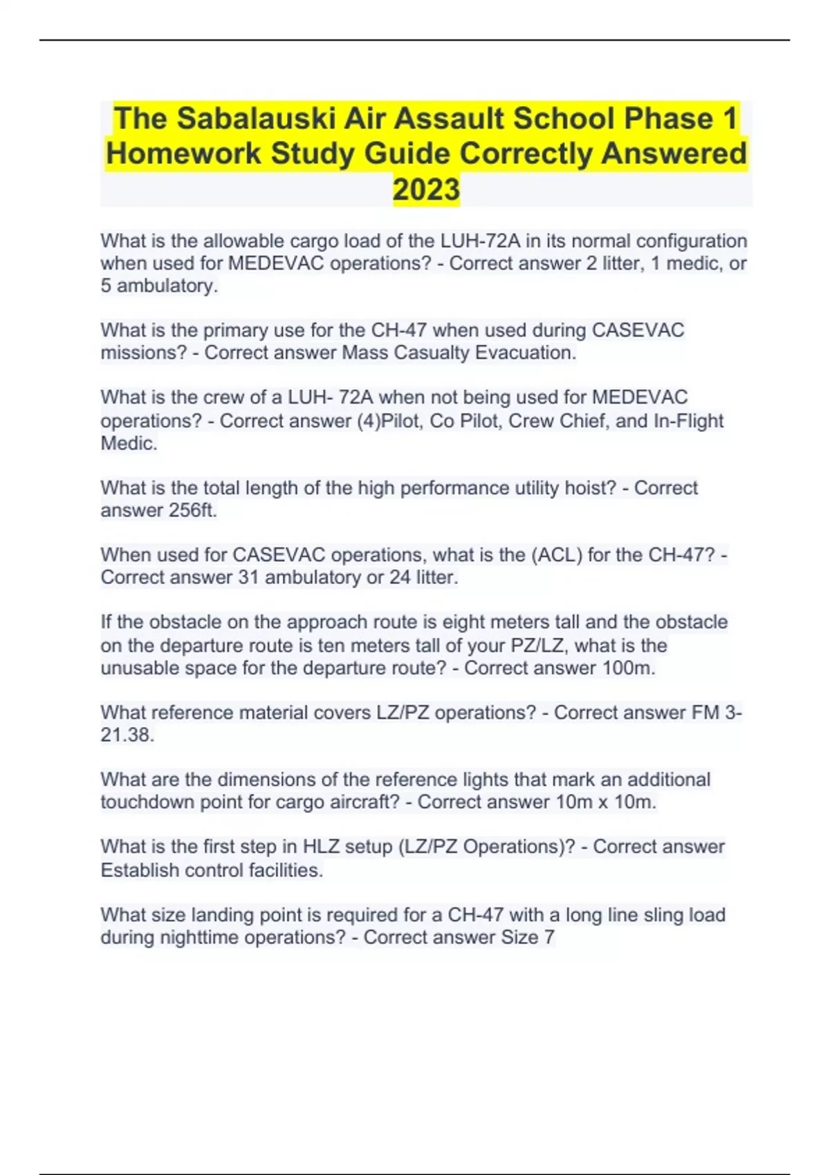 The Sabalauski Air Assault School Phase 1 Homework Study Guide ...