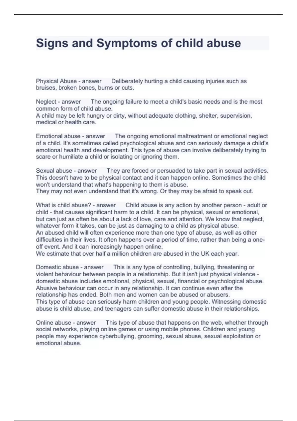 Signs and Symptoms of child abuse Questions with correct Answers ...