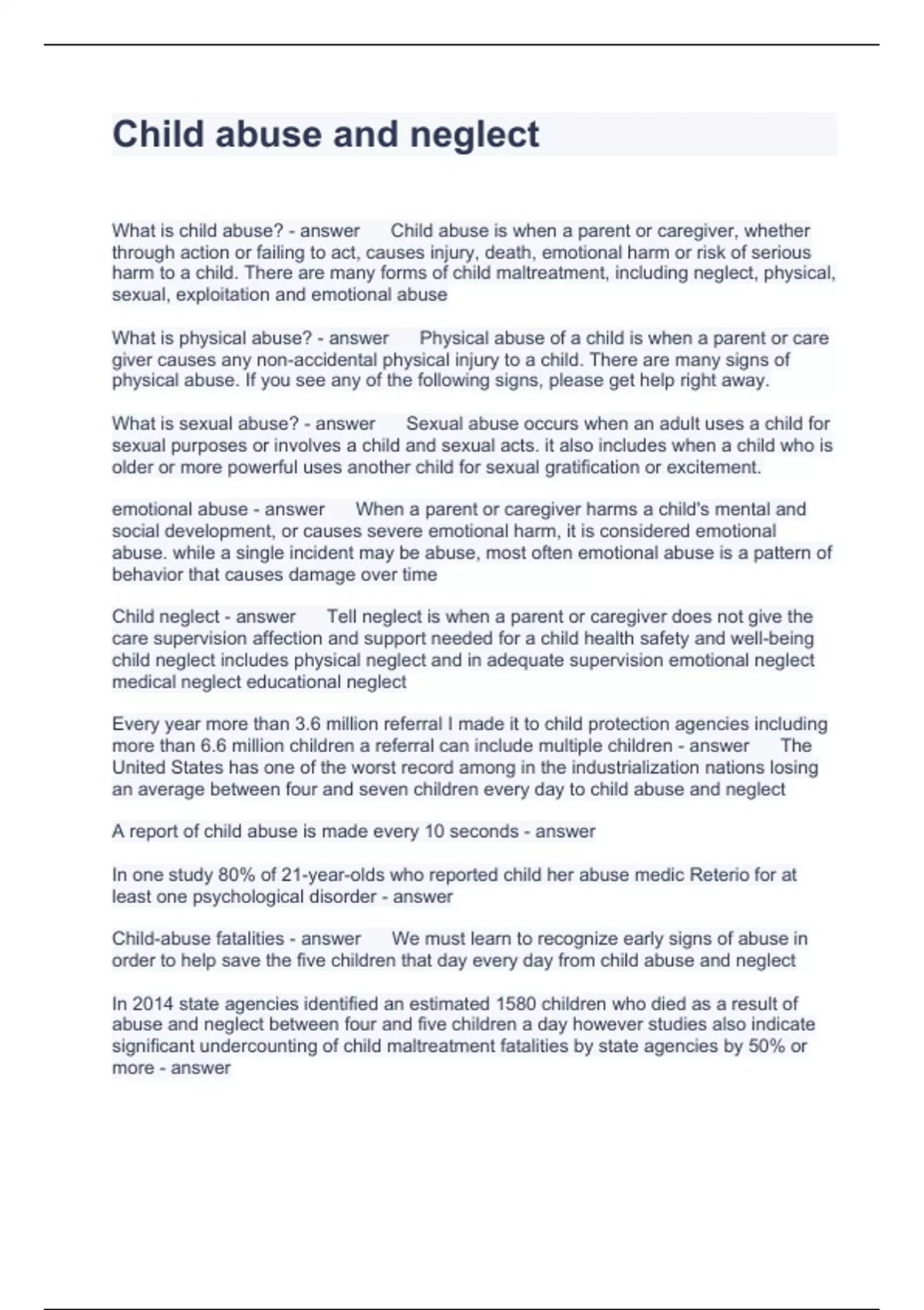 Child abuse and neglect Questions with correct Answers - Child Abuse ...