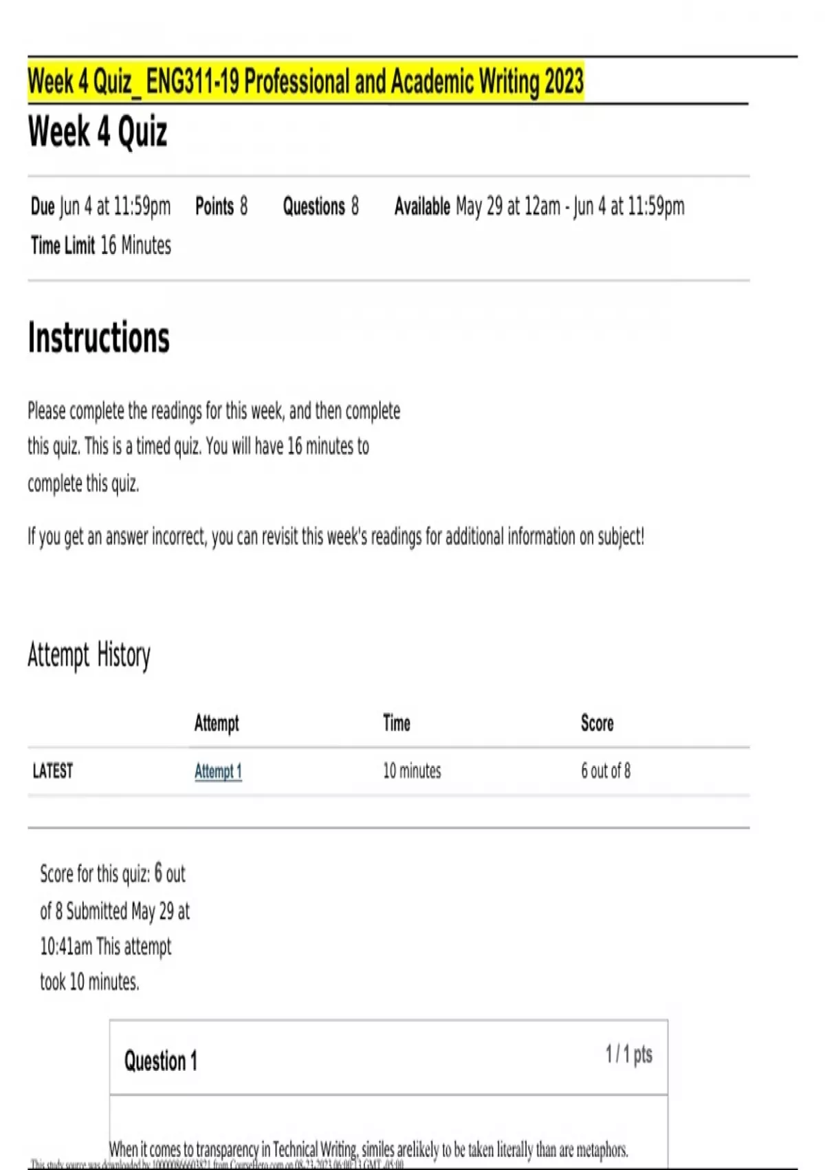 Week 4 Quiz_ ENG311-19 Professional and Academic Writing 2023 - ENG311 ...