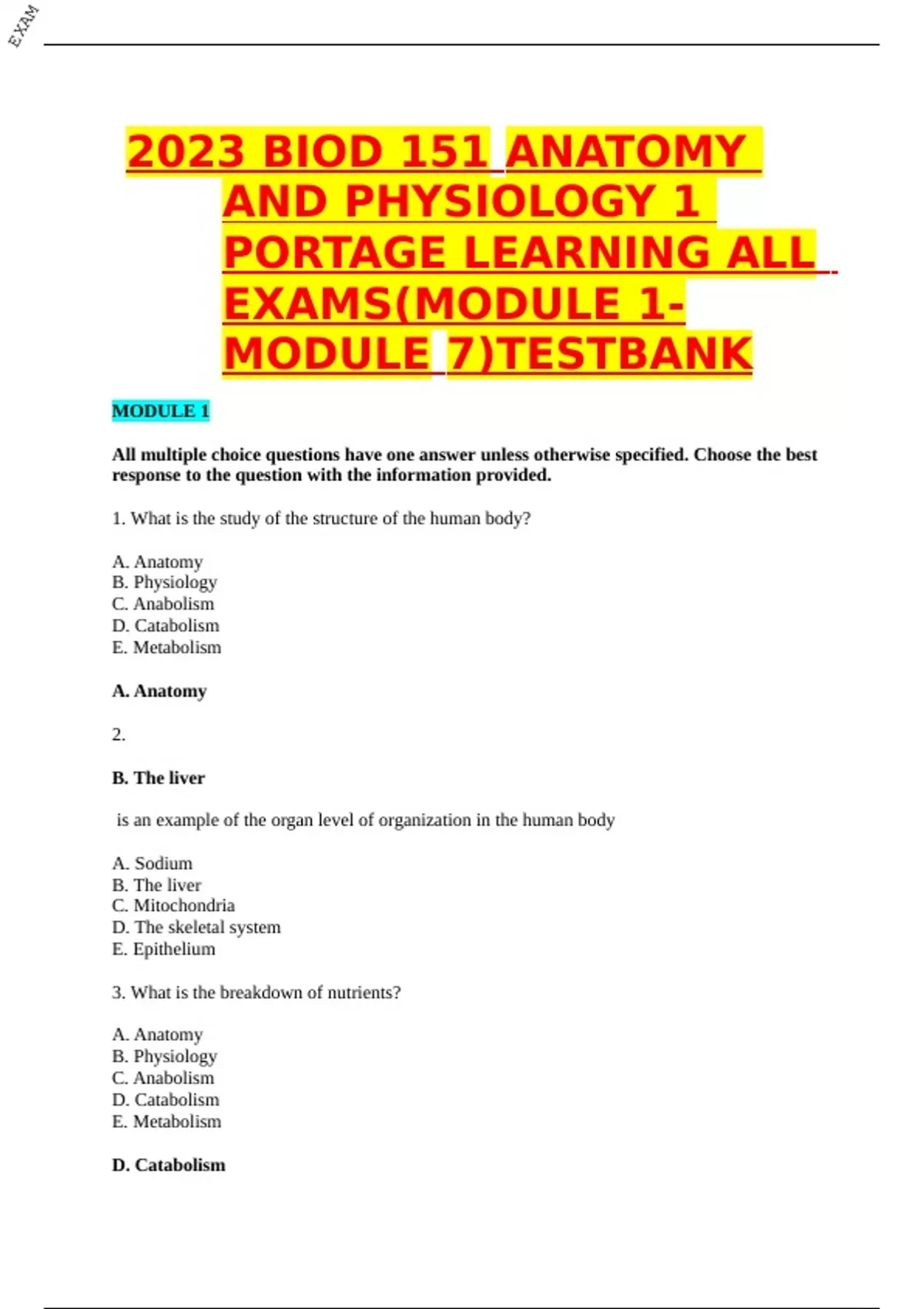 Portage Learning BIOD 151 Anatomy and Physiology 1 All EXAMS (MODULE 1 ...