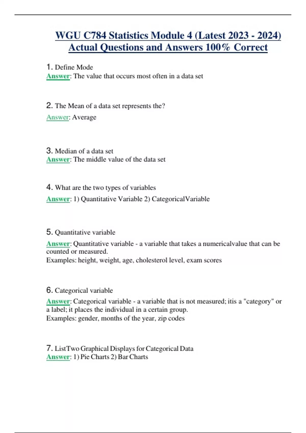 WGU C784 Statistics Module 4 (Latest ) Actual Questions and Answers 100 ...