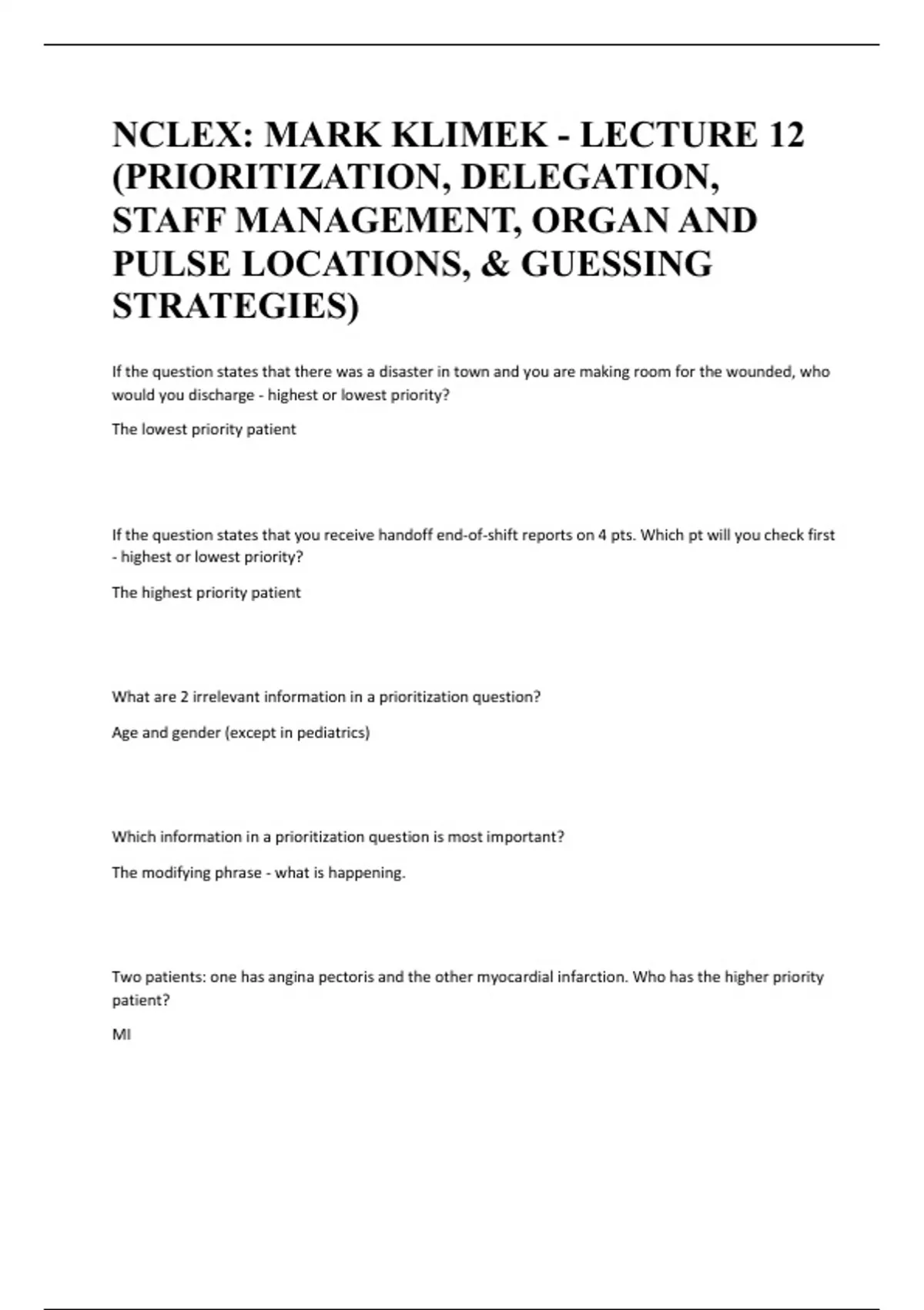 NCLEX: MARK KLIMEK - LECTURE 12 (PRIORITIZATION, DELEGATION, STAFF ...