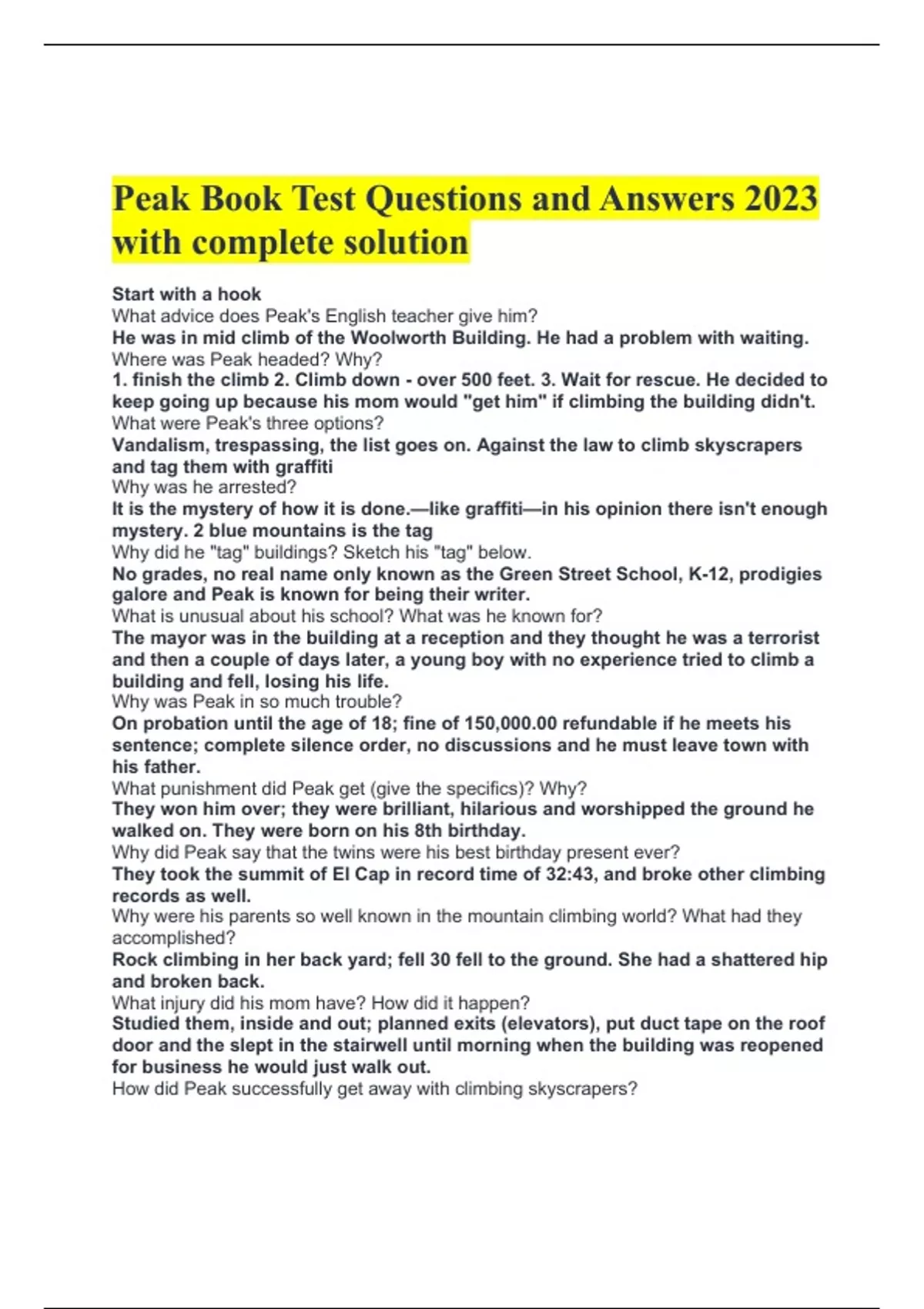 Peak Book Test Questions and Answers 2023 with complete solution - Peak ...