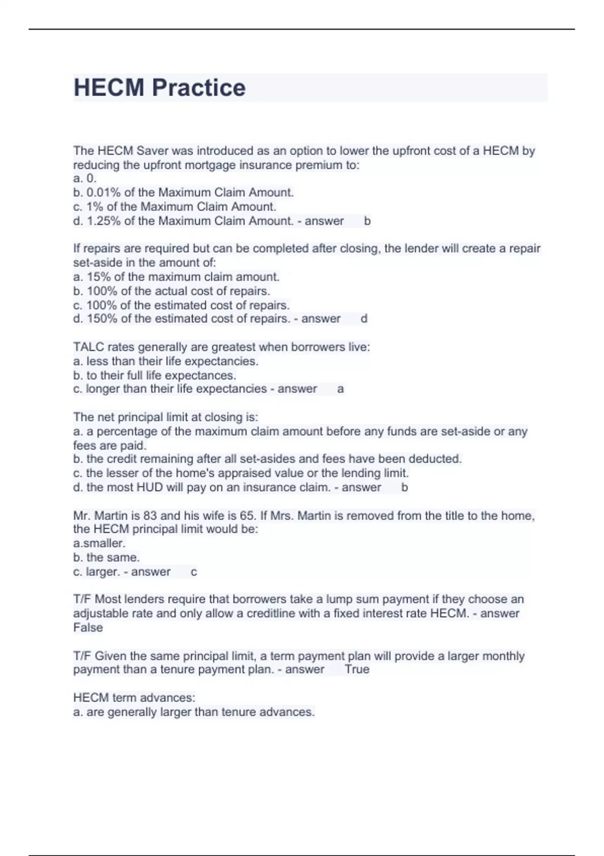 HECM Practice Questions with correct Answers - HECM - Stuvia US