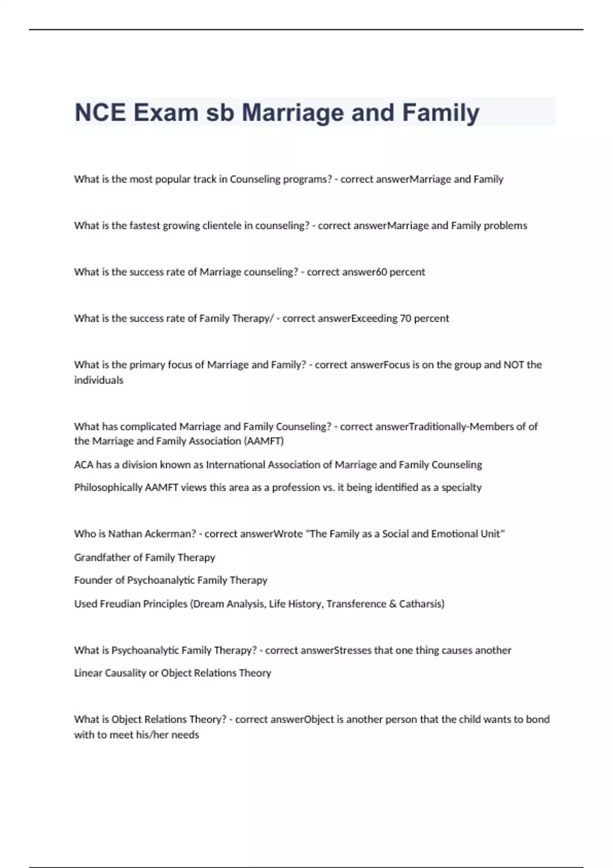 NCE Exam sb Marriage and Family exam 2023 with 100% correct answers - NCE - Stuvia US