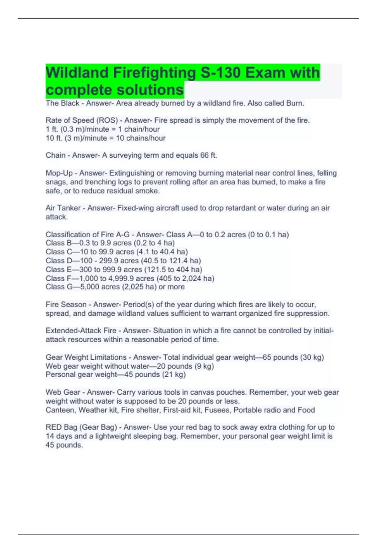 Wildland Firefighting S-130 Exam with complete solutions - Wildland ...