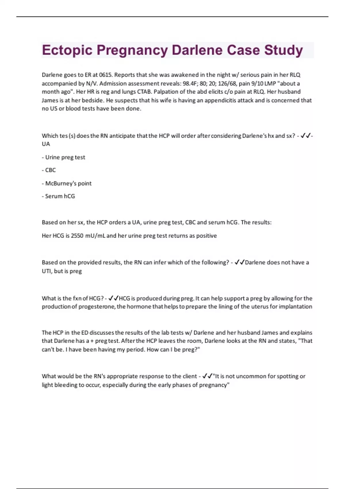 Ectopic Pregnancy Darlene Case Study Questions and Answers with ...