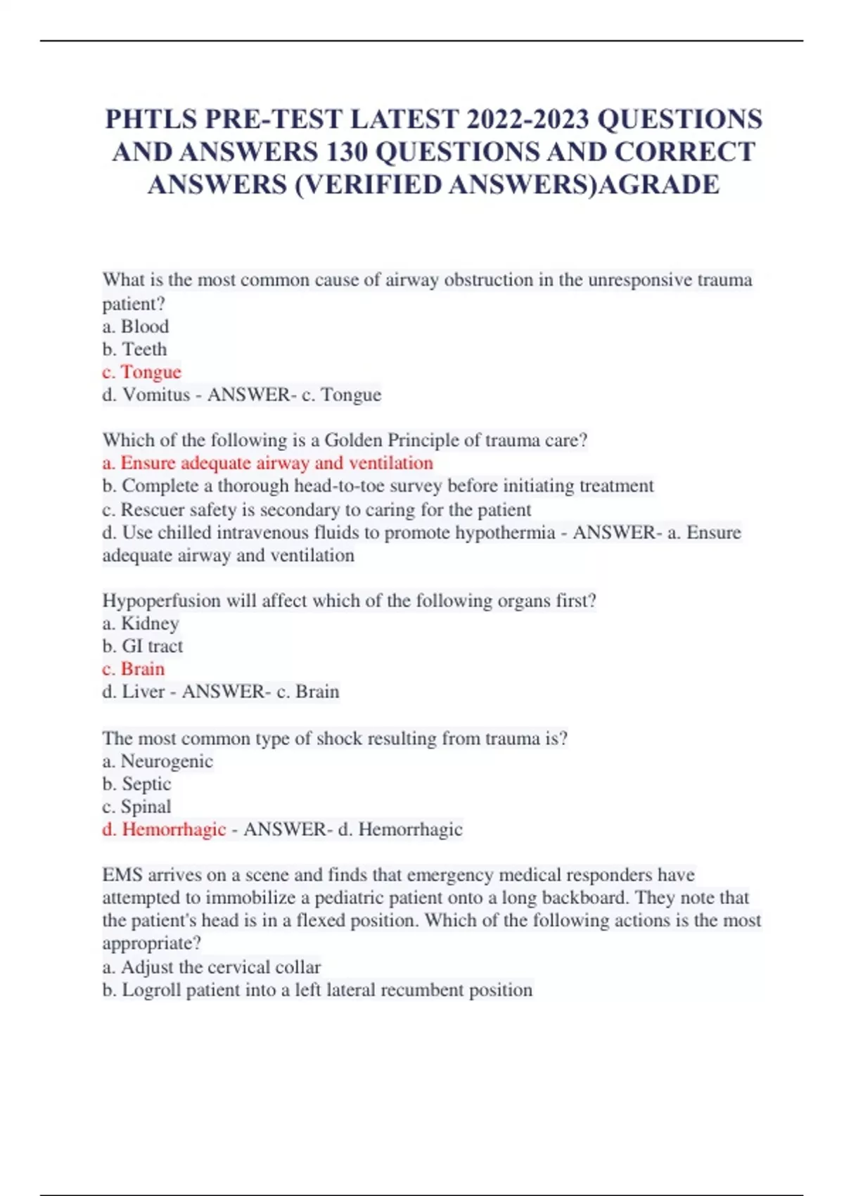 PHTLS PRE-TEST LATEST QUESTIONS AND ANSWERS 130 QUESTIONS AND CORRECT ...