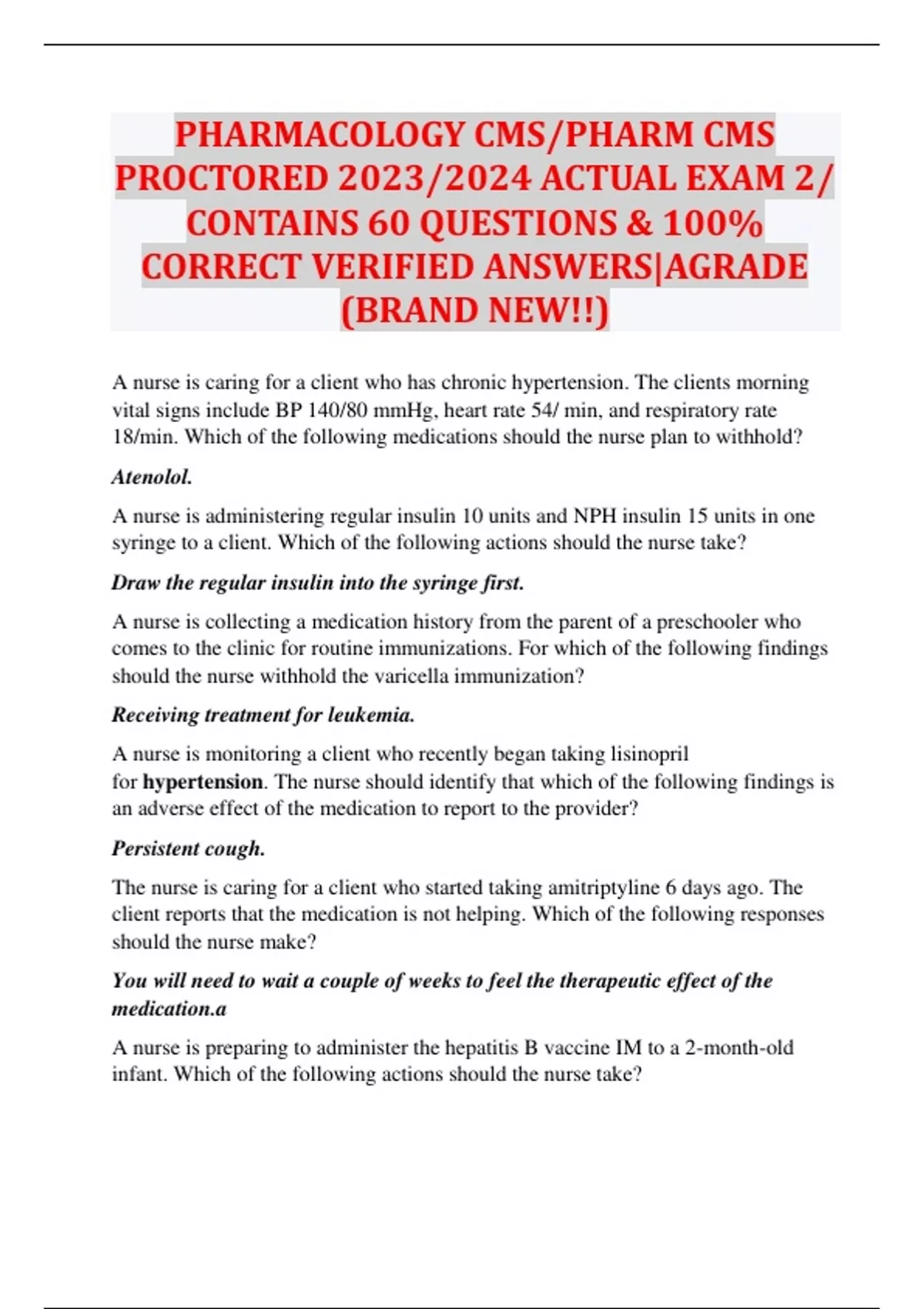 PHARMACOLOGY CMS/PHARM CMS PROCTORED 2023/2024 ACTUAL EXAM 2/ CONTAINS ...