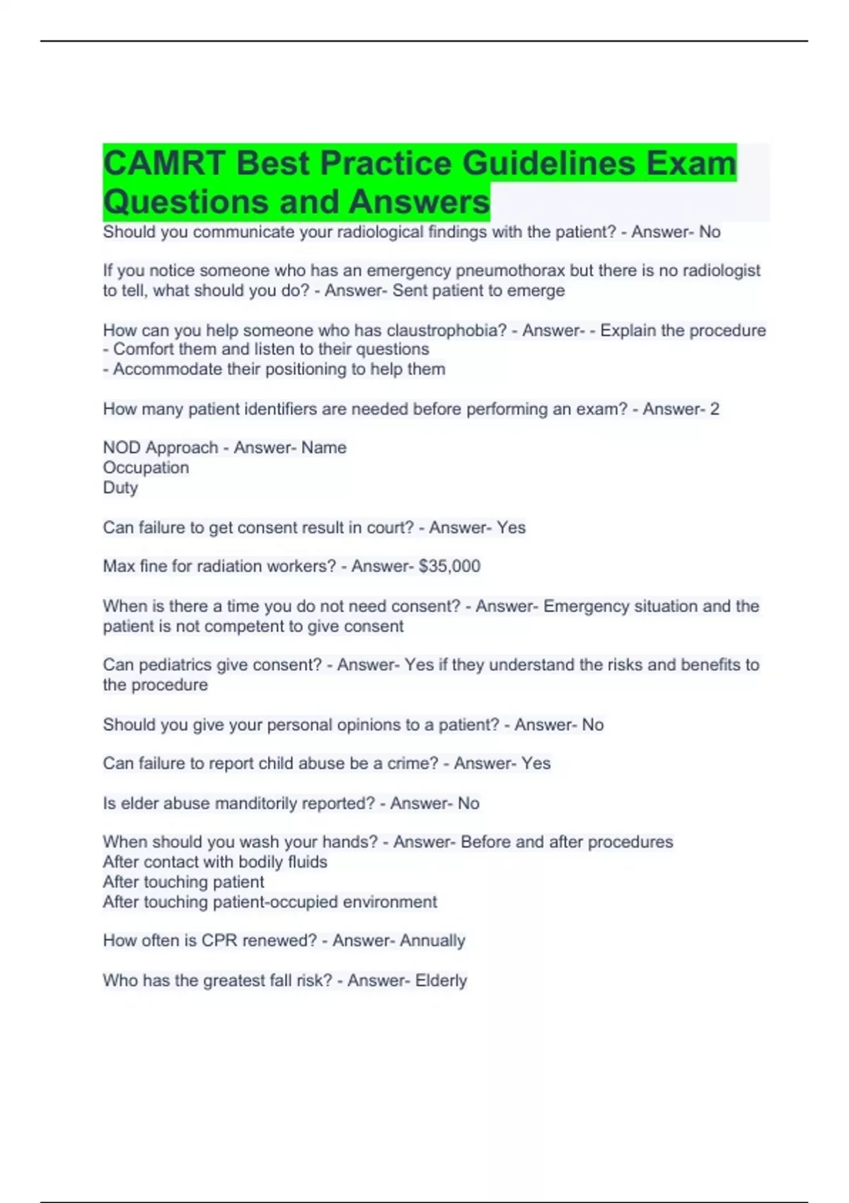 CAMRT Best Practice Guidelines Exam Questions and Answers - CAMRT ...