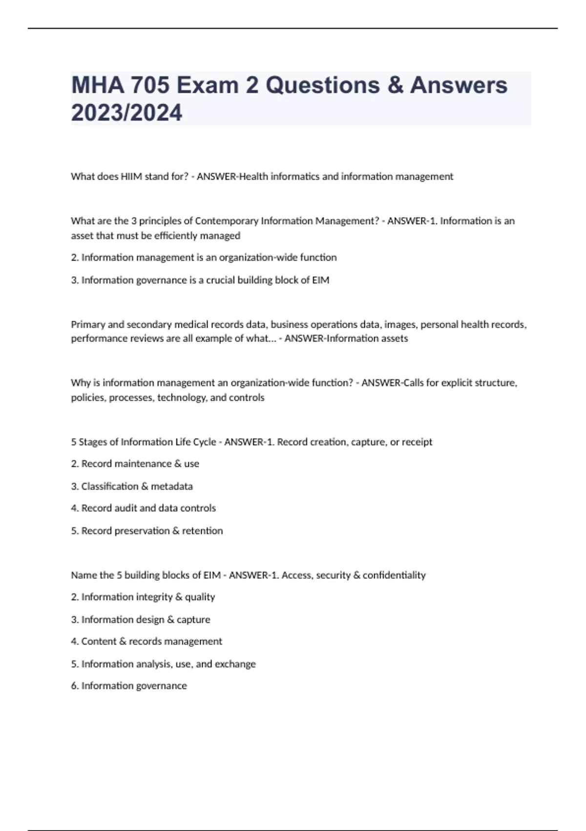 MHA 705 Exam 2 Questions & Answers 2023/2024 - MHA 705 - Stuvia US