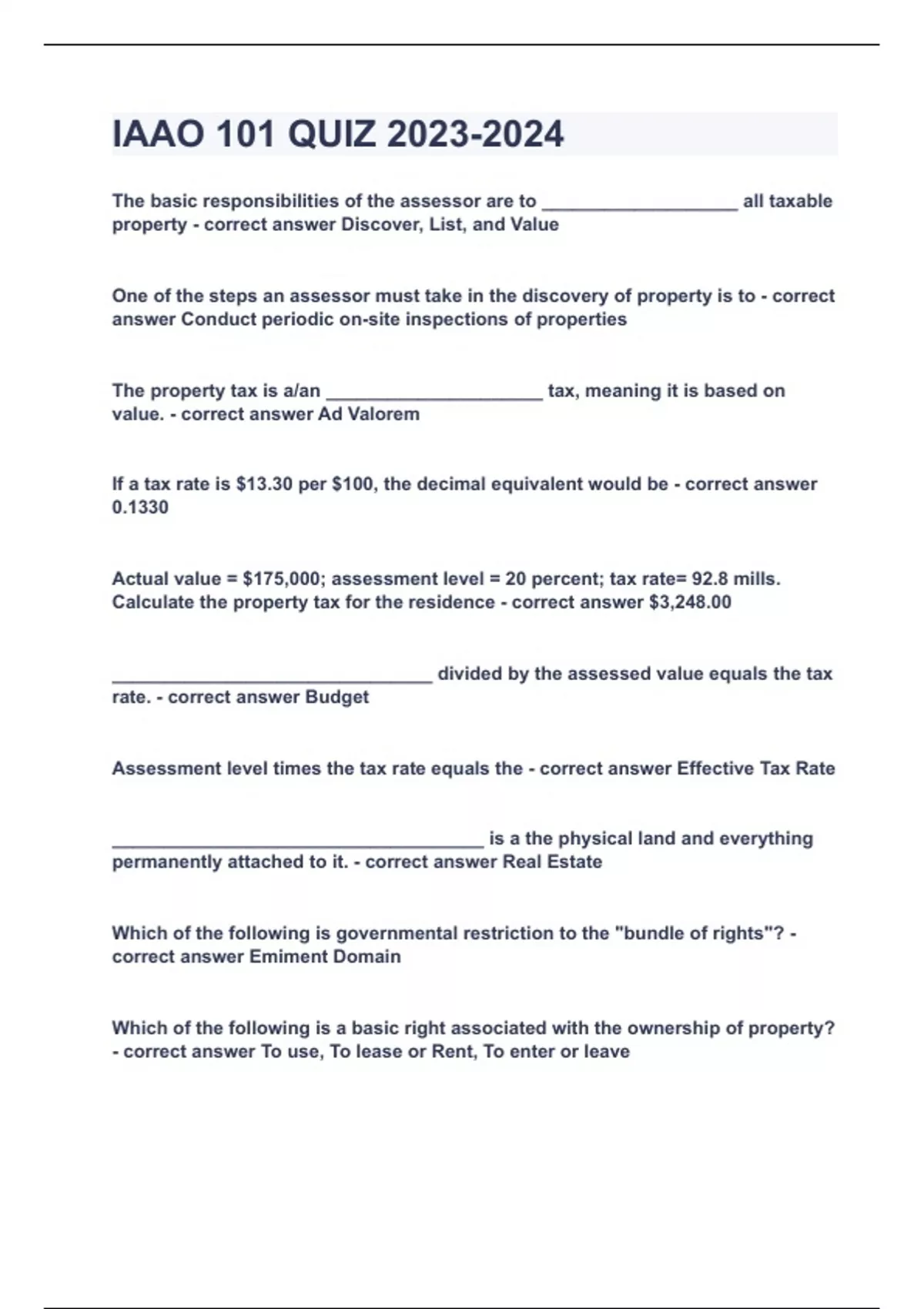 IAAO 101 QUIZ |SOLVED&UPDATED|DOWNLOAD TO PASS - IAAO 101 - Stuvia US