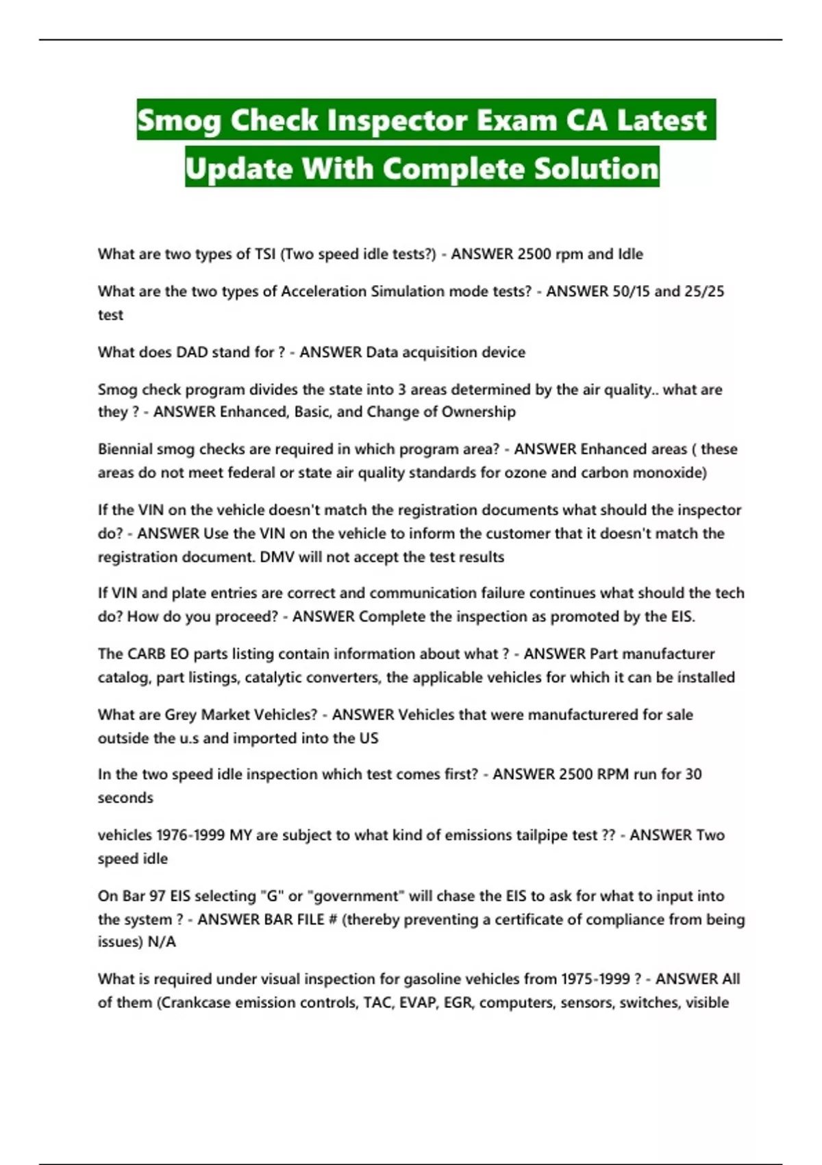 Smog Check Inspector Exam LATEST UPDATE A+ GRADE - CA - Credentialed ...